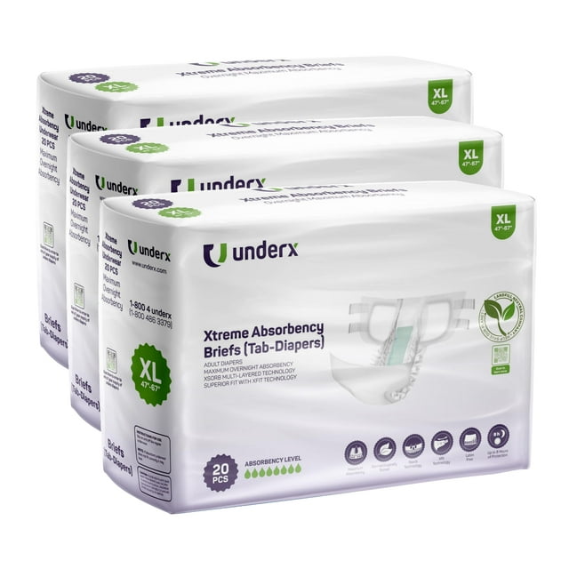 UnderX Tabbed Disposable Briefs for Adult - Overnight Comfort, Xtreme ...