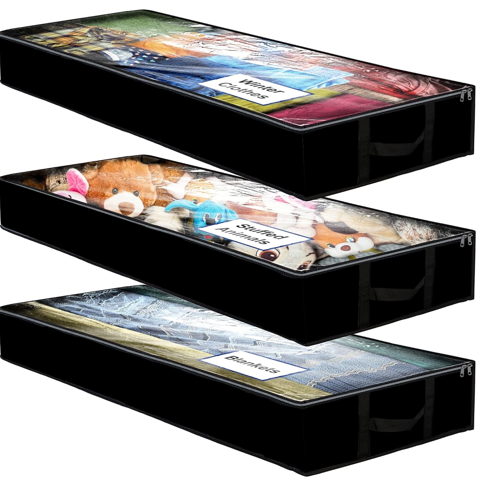 Underbed Storage Bag 90L, 3 Large Bins with Reinforced Handles Foldable Containers, Visible ...