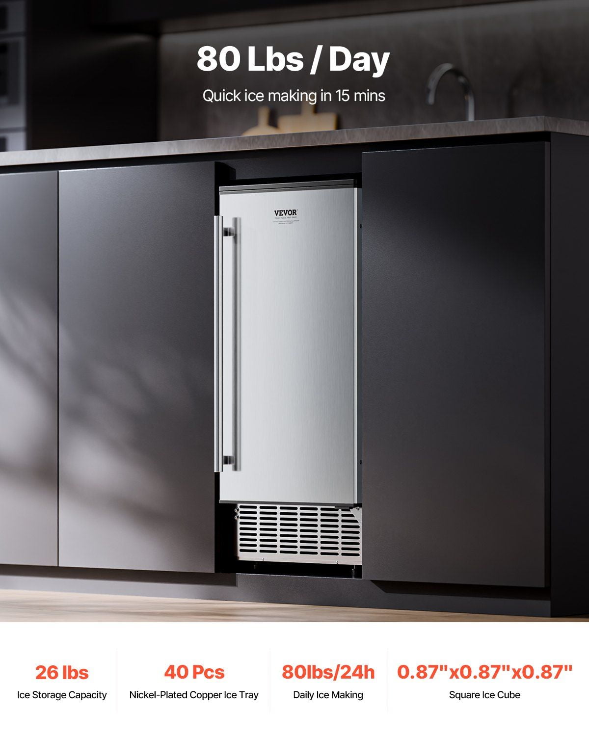 Undercounter Ice Maker 80 Lbs/Day, Built-in Ice Maker with Reversible ...