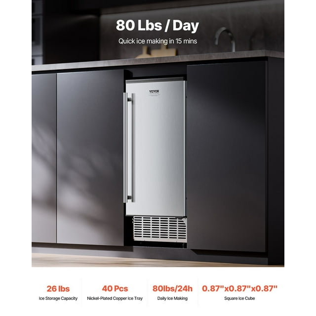 Undercounter Ice Maker 80 Lbs/Day, Built-in Ice Maker with Reversible ...