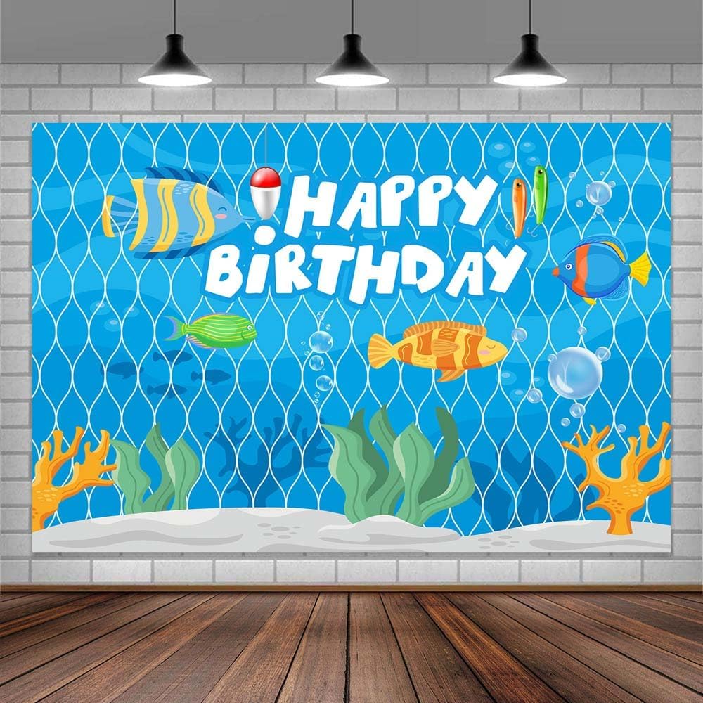 Undersea Backdrop Polyester Happy Birthday Blue Ocean Theme Kids ...