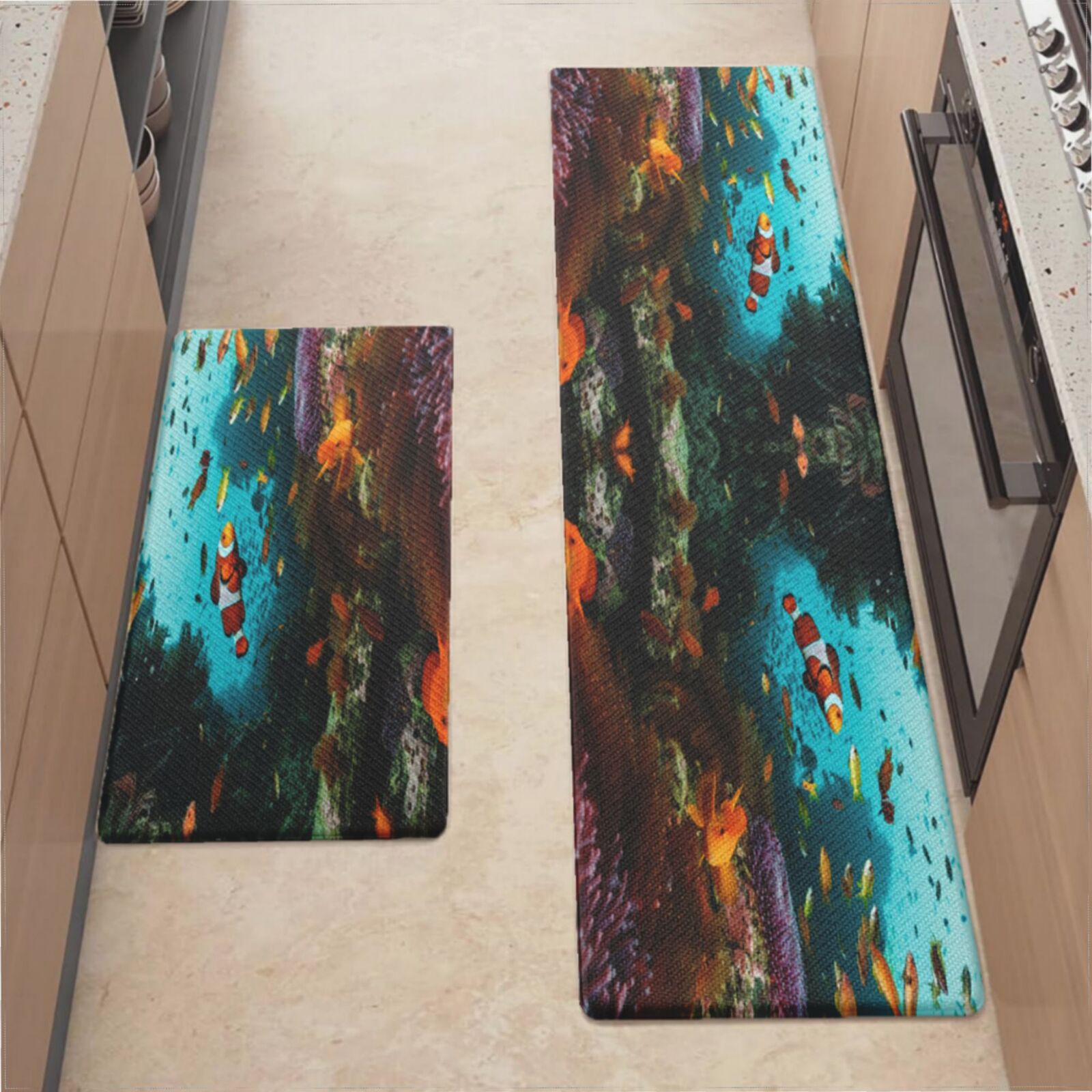 Undersea Goldfish Pvc Kitchen Mat Runner 2 Pieces Non Slip Washable ...