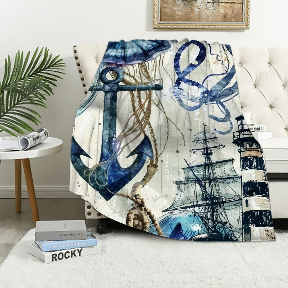 Undersea Jellyfish Flannel Blanket,Retro Nautical Theme Bed Blanket for ...