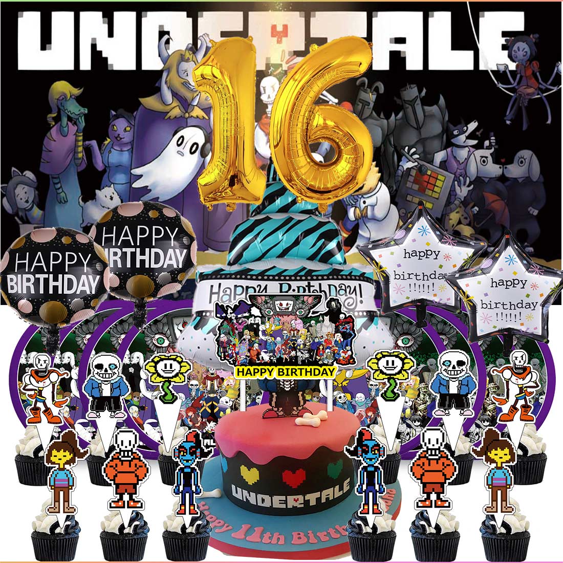 Undertale 16th Tableware Balloons Cake Toppers Backdrop Banner Supplies ...