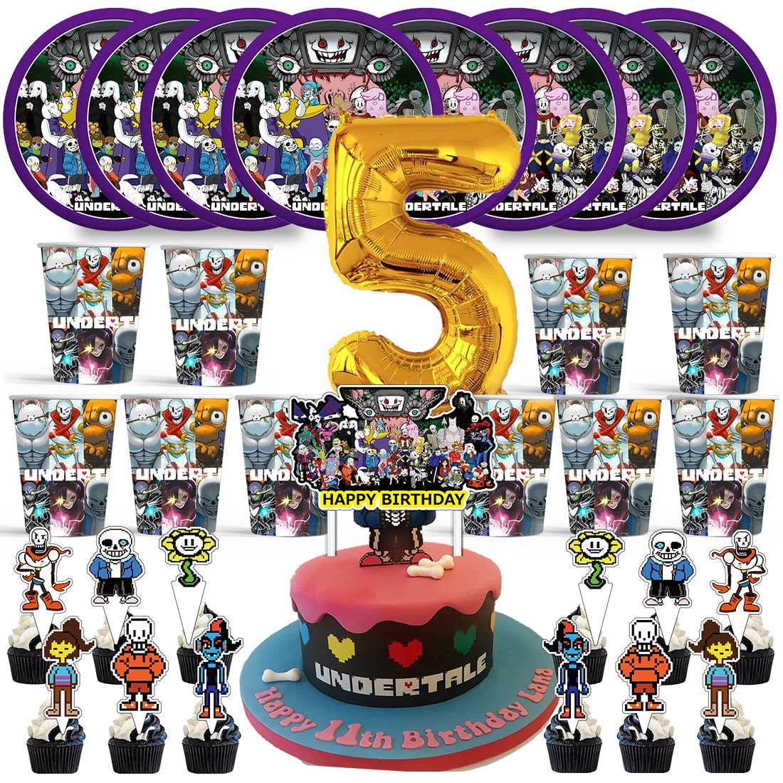 Undertale Birthday 5th Cups Party Supplies Plates Fans Decorations Cake ...