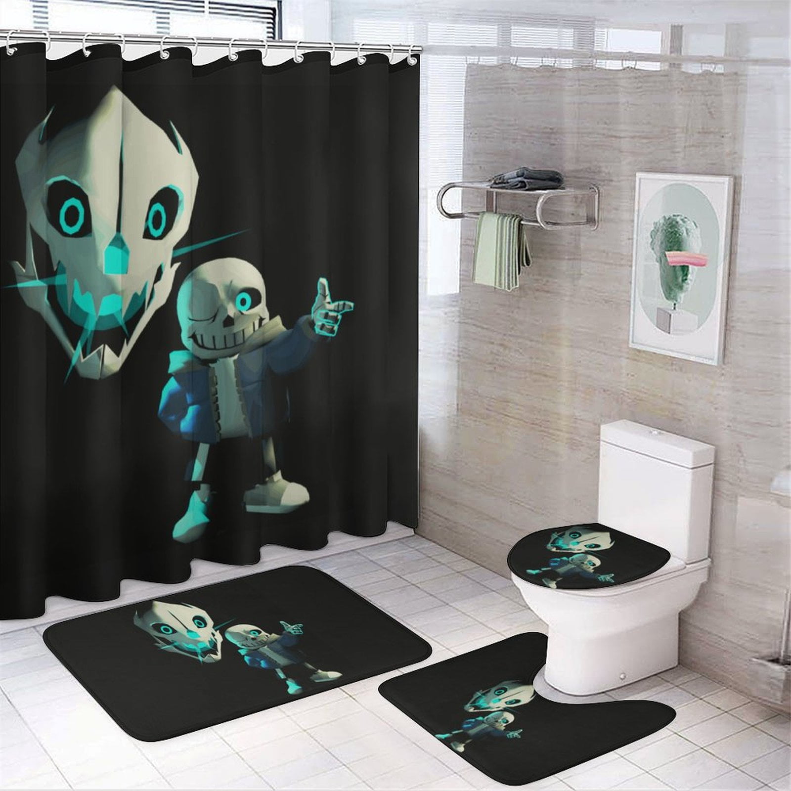 Undertale Sans 4PCS Bathroom Sets Shower Curtain Sets with Toilet Lid Cover, U-Shaped Mat And ...