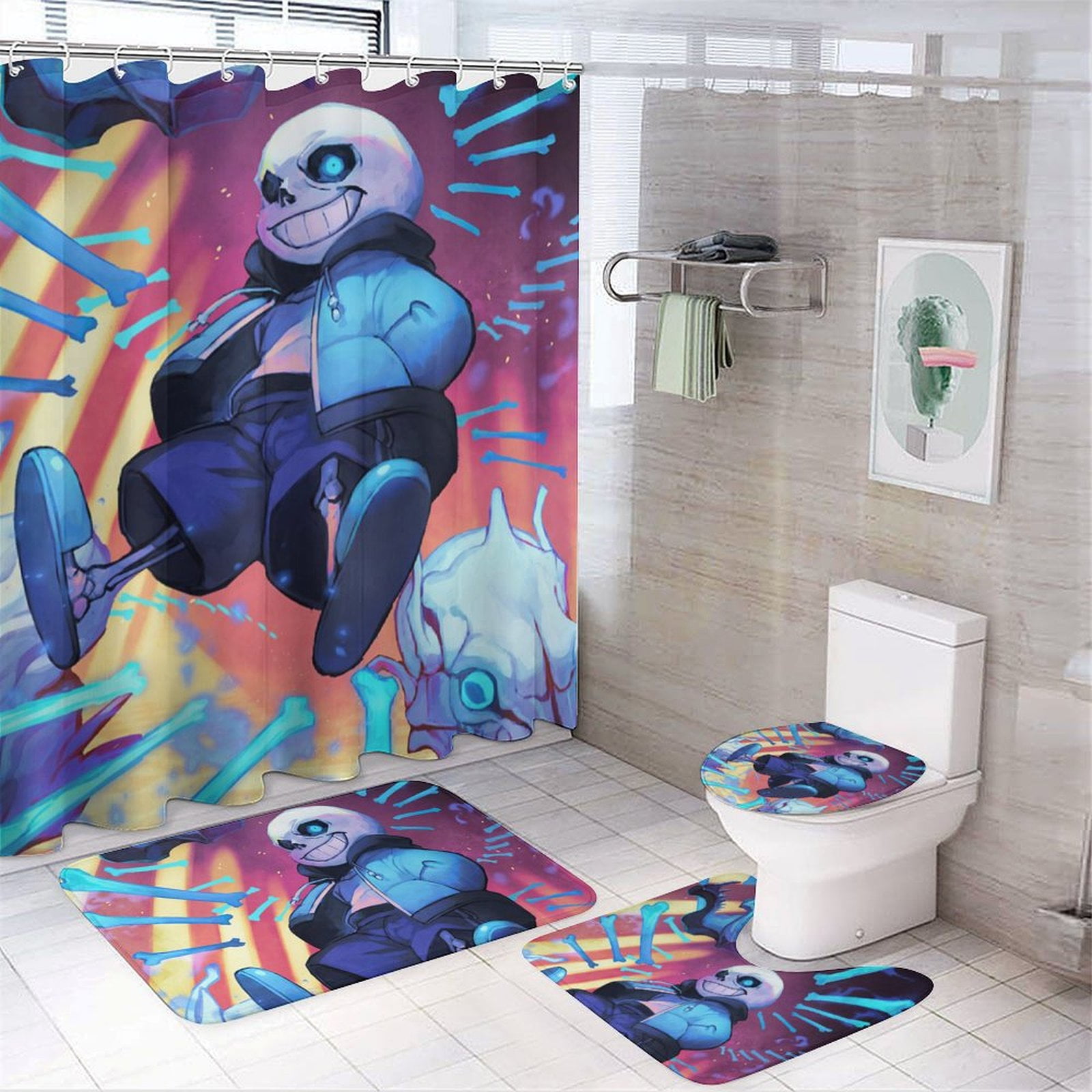 Undertale Sans 4PCS Bathroom Sets Shower Curtain Sets with Toilet Lid Cover, U-Shaped Mat And ...