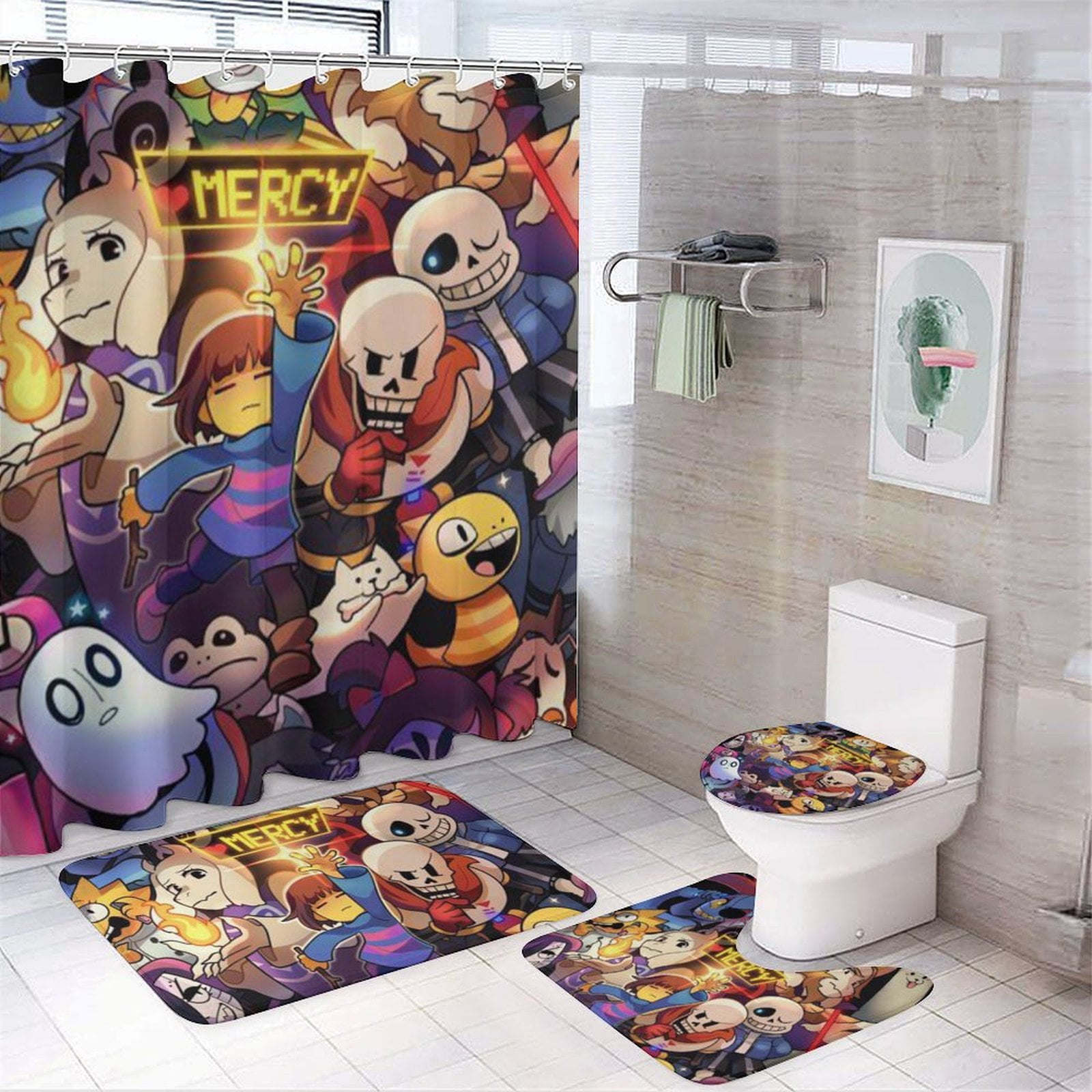 Undertale Sans 4PCS Bathroom Sets Shower Curtain Sets with Toilet Lid Cover, U-Shaped Mat And ...