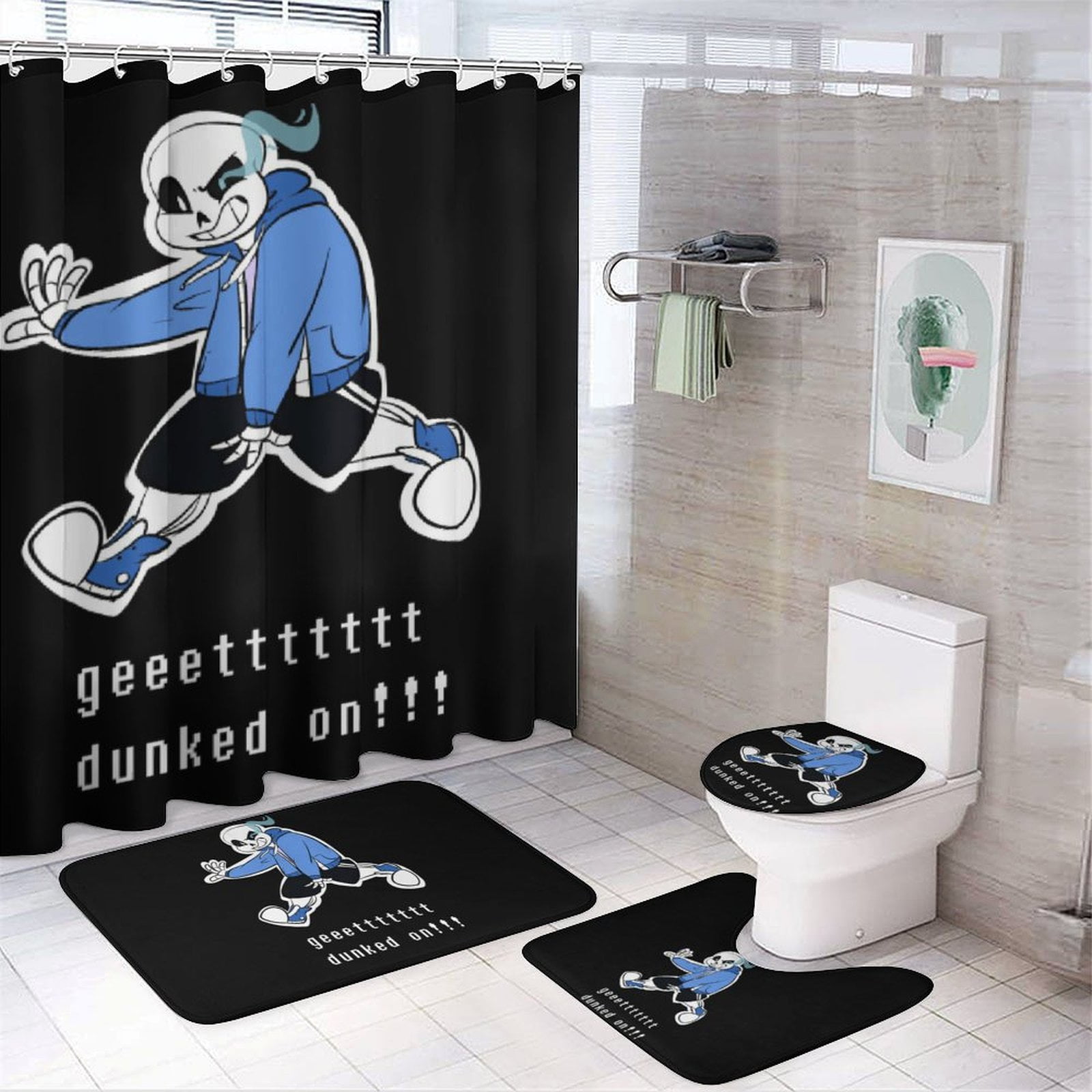 Undertale Sans 4PCS Bathroom Sets Shower Curtain Sets with Toilet Lid Cover, U-Shaped Mat And ...