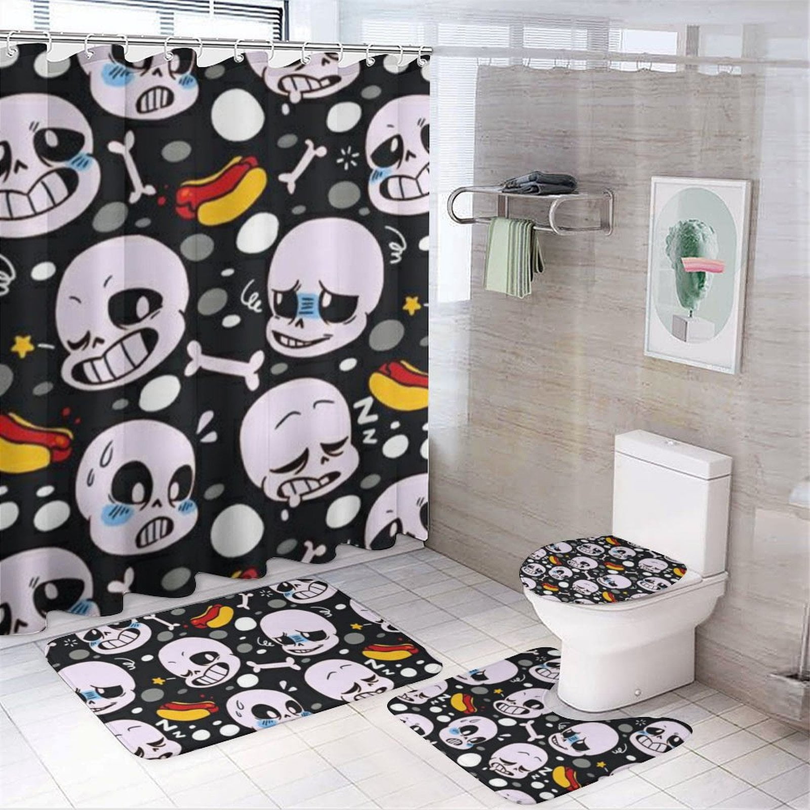 Undertale Sans 4PCS Bathroom Sets Shower Curtain Sets with Toilet Lid Cover, U-Shaped Mat And ...