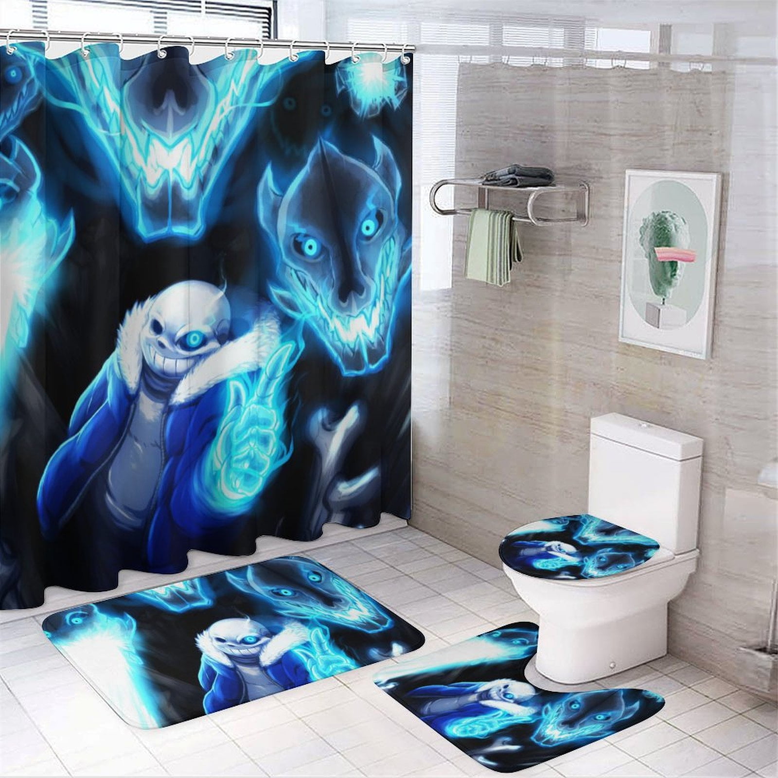 Undertale Sans 4PCS Bathroom Sets Shower Curtain Sets with Toilet Lid Cover, U-Shaped Mat And ...
