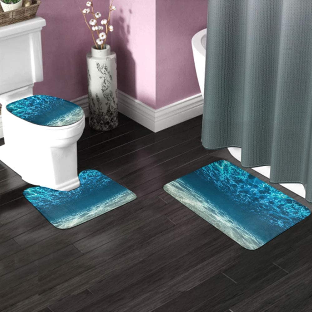 Underwater 3 Pieces Bathroom Rug Set Ocean Bottom and Surface Blue Non ...