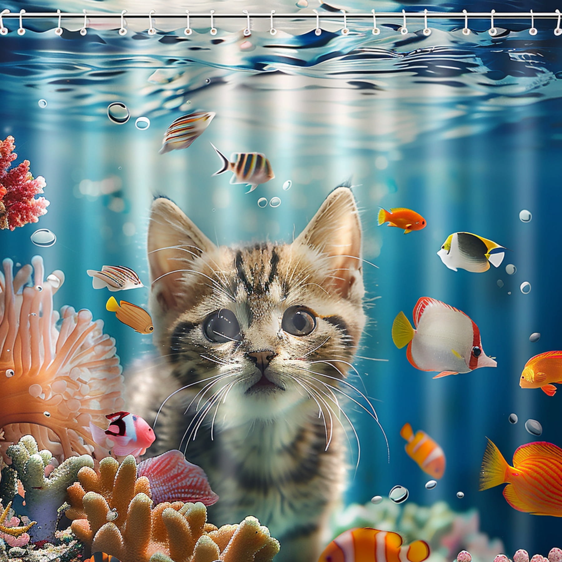 Underwater Adventure Cat Shower Curtain Cute Tabby Swimming Among ...