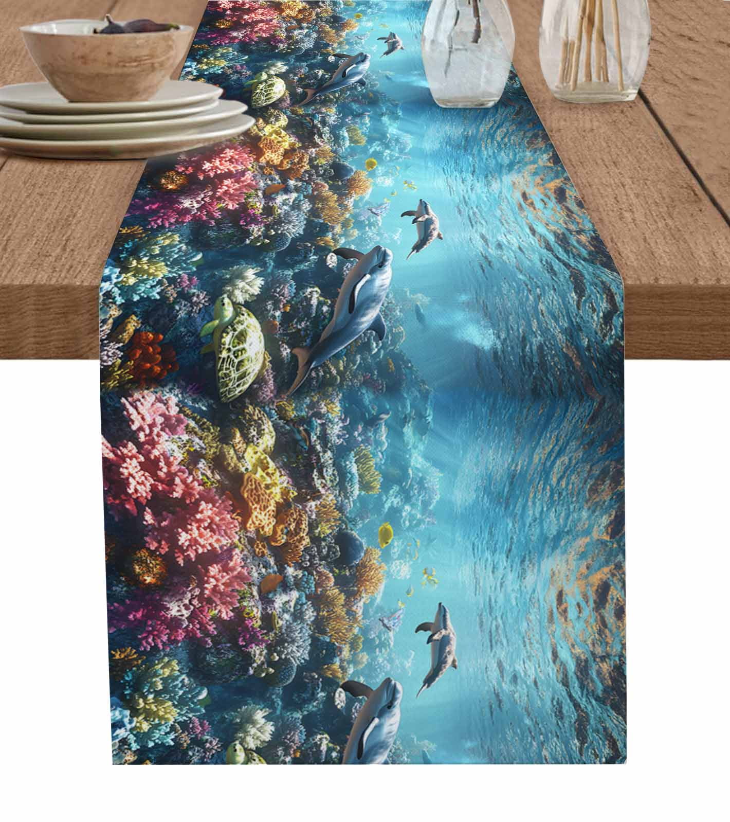Underwater Animals Table Runner 72 Inches, Turtle Shark Coral Coastal ...