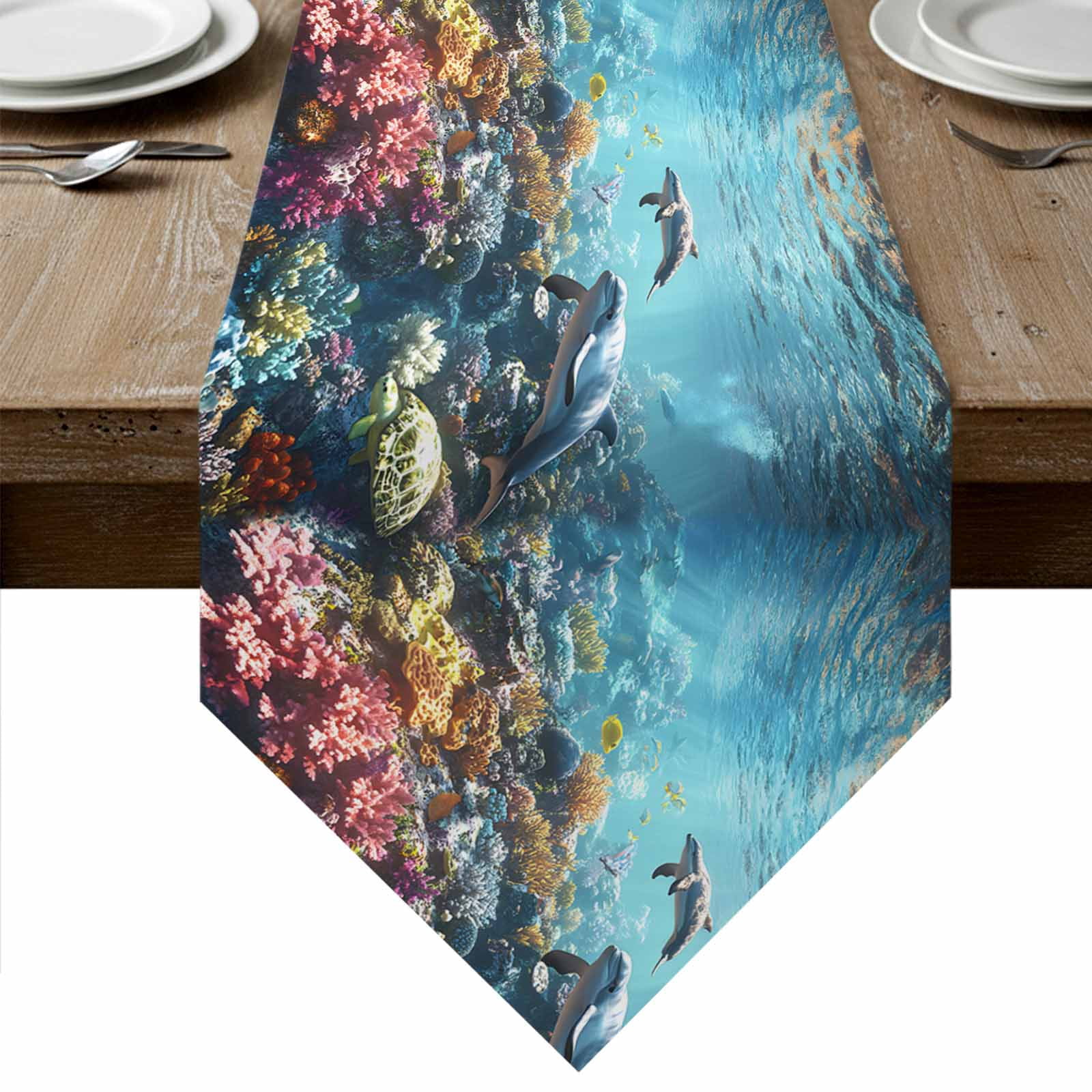 Underwater Animals Table Runner Linen Burlap Table Runner 90 Inches ...