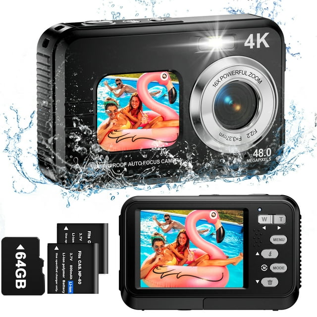 Underwater Camera 4K Dual Screen Waterproof Camera for Snorkeling with 64G SD Card,Action Camera ...