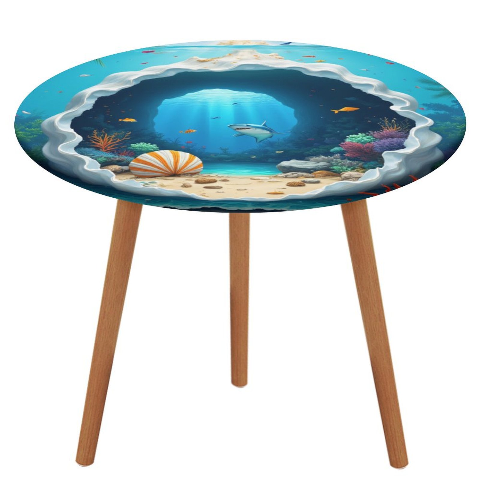 Underwater Cave with Tropical Fish Tablecloth Round Elastic Fitted ...