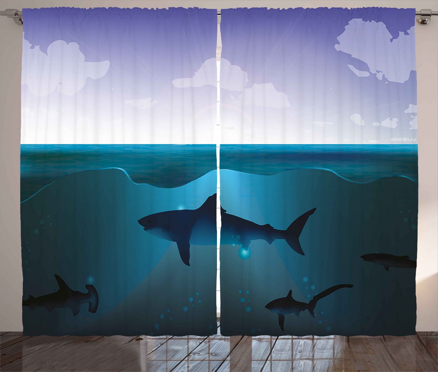 Ambesonne Underwater Curtains 2 Panel Set, Wild Sharks in Sea, 108" x ...