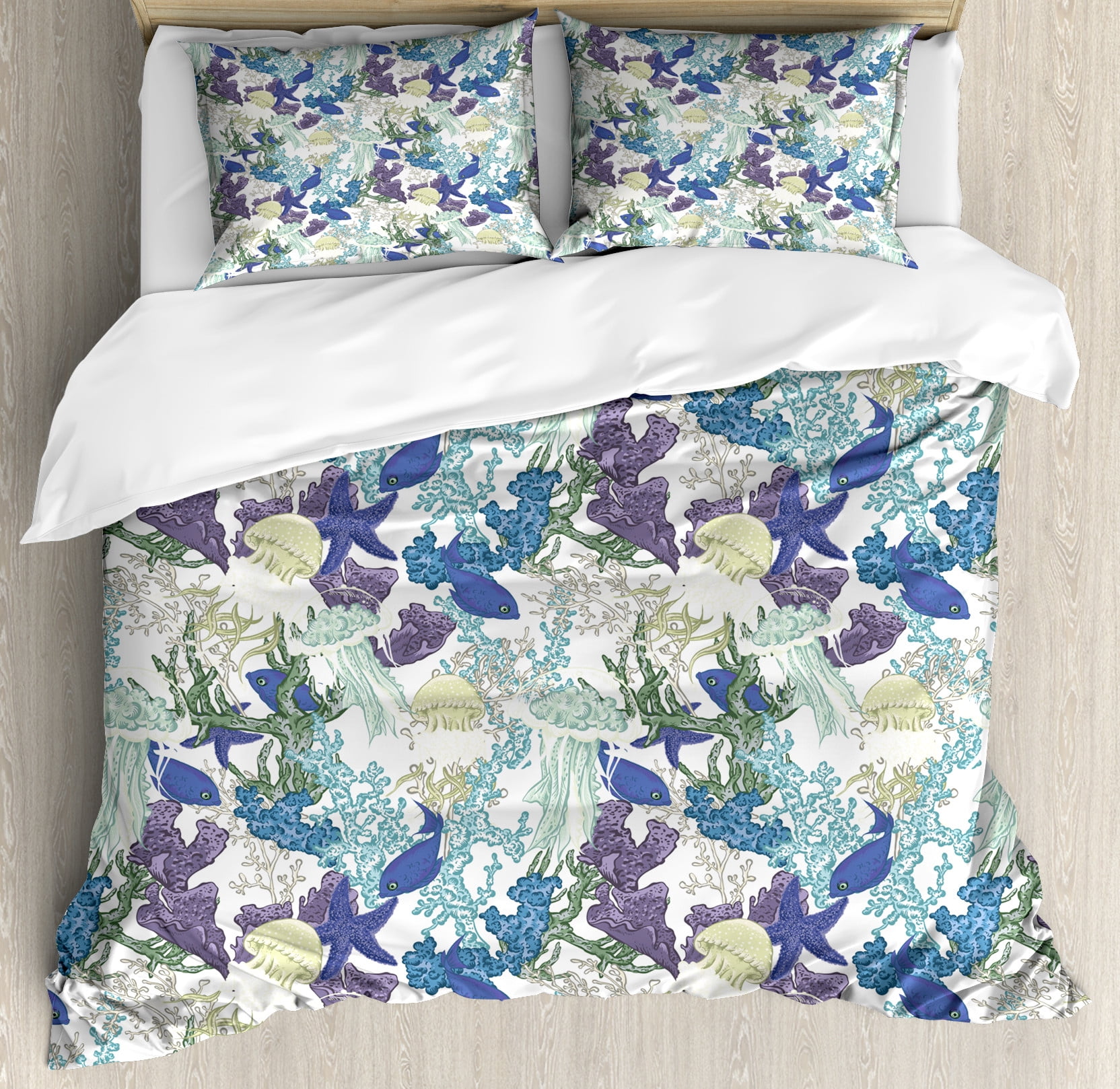 Underwater Duvet Cover Set, Coral Reef Deep Ocean Jellyfish Starfish ...