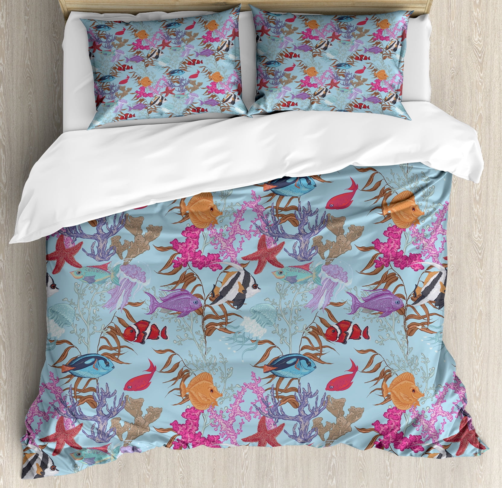 Underwater Duvet Cover Set, Fish Aquatic Animals Jellyfish Starfish Sea ...
