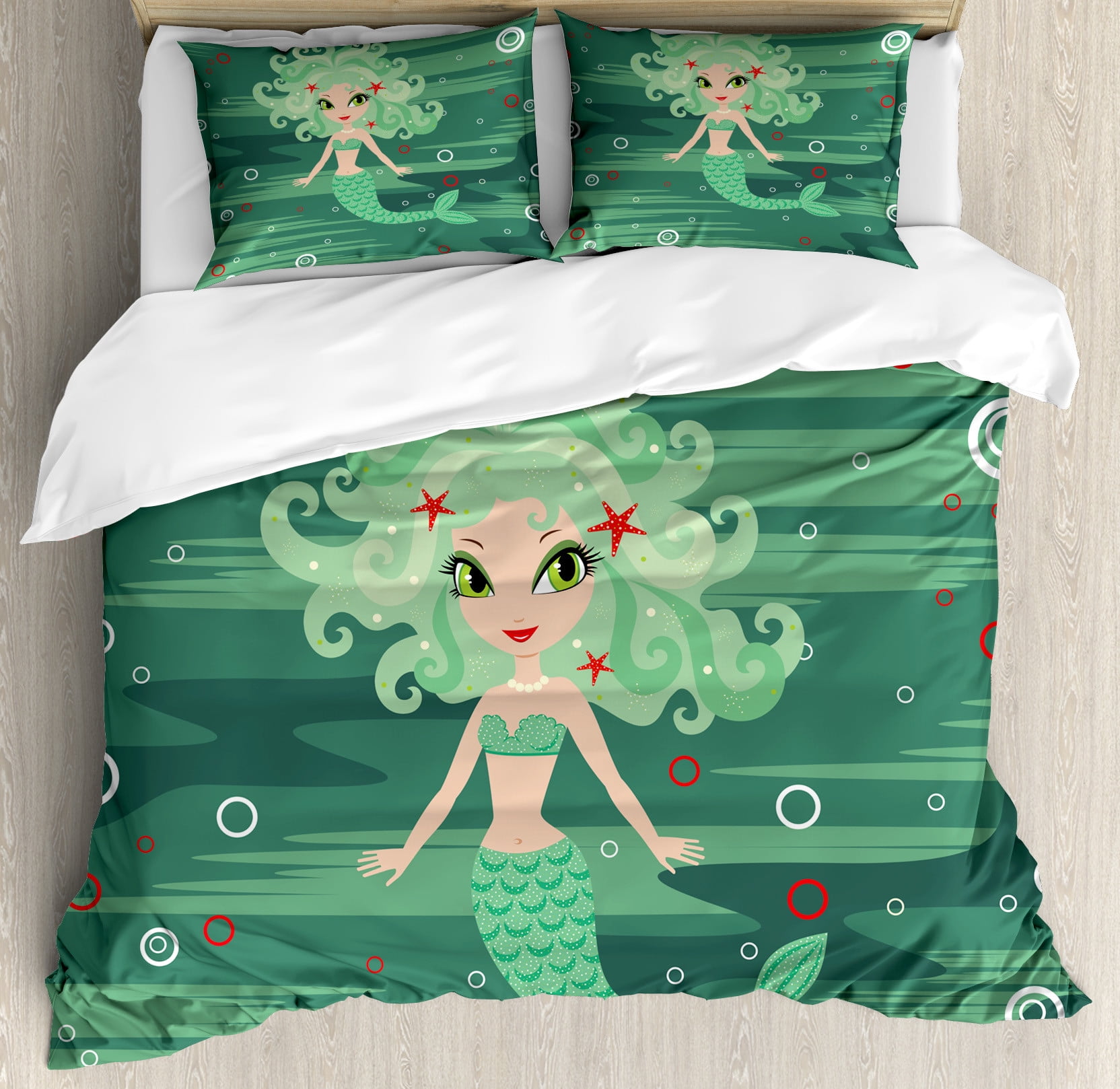 Underwater Duvet Cover Set, Mermaid Cartoon Water Bubbles and Starfish ...