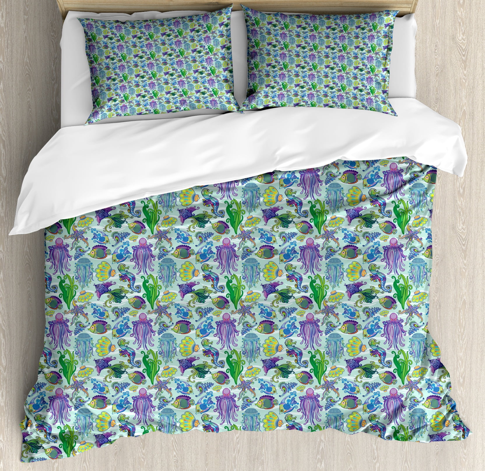 Underwater Duvet Cover Set, Modern Sea Life Colorful Jellyfish Seahorse ...