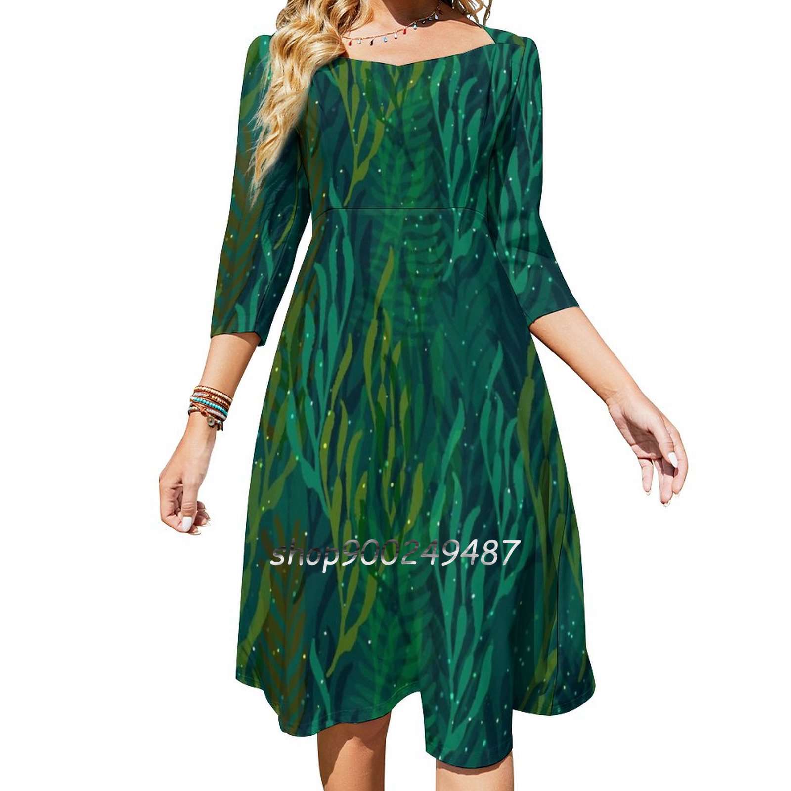 Underwater Emerald Forest Flare Dress Square Neck Dress Elegant Female ...