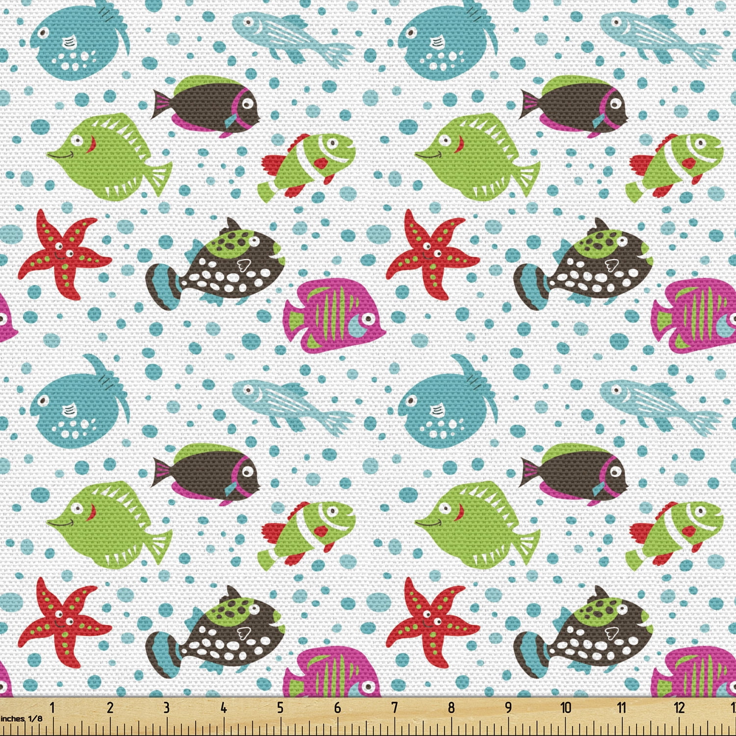 Underwater Fabric by the Yard, Doodle Fishes Swimming in the Sea ...
