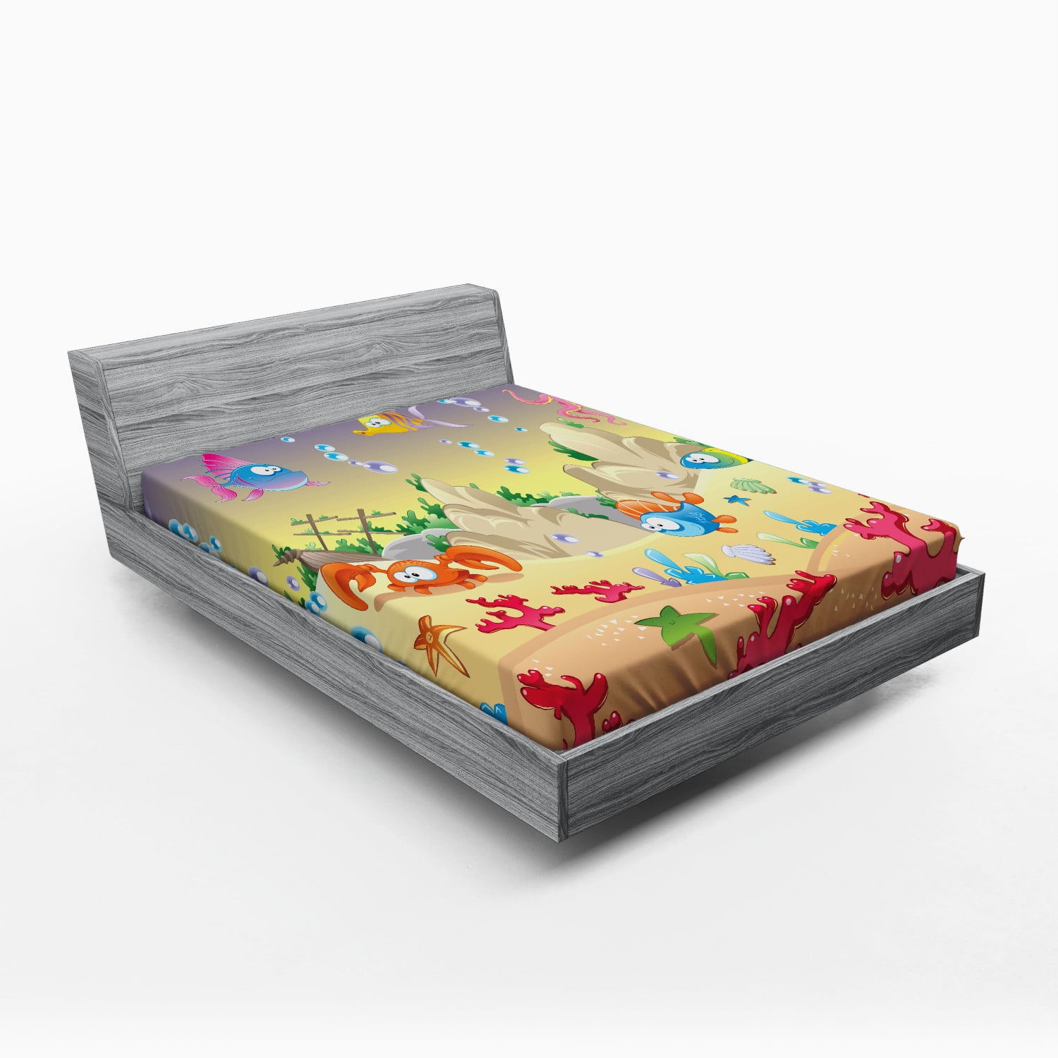 Ambesonne Underwater Fitted Sheet, Cartoon Funny, Queen Size ...