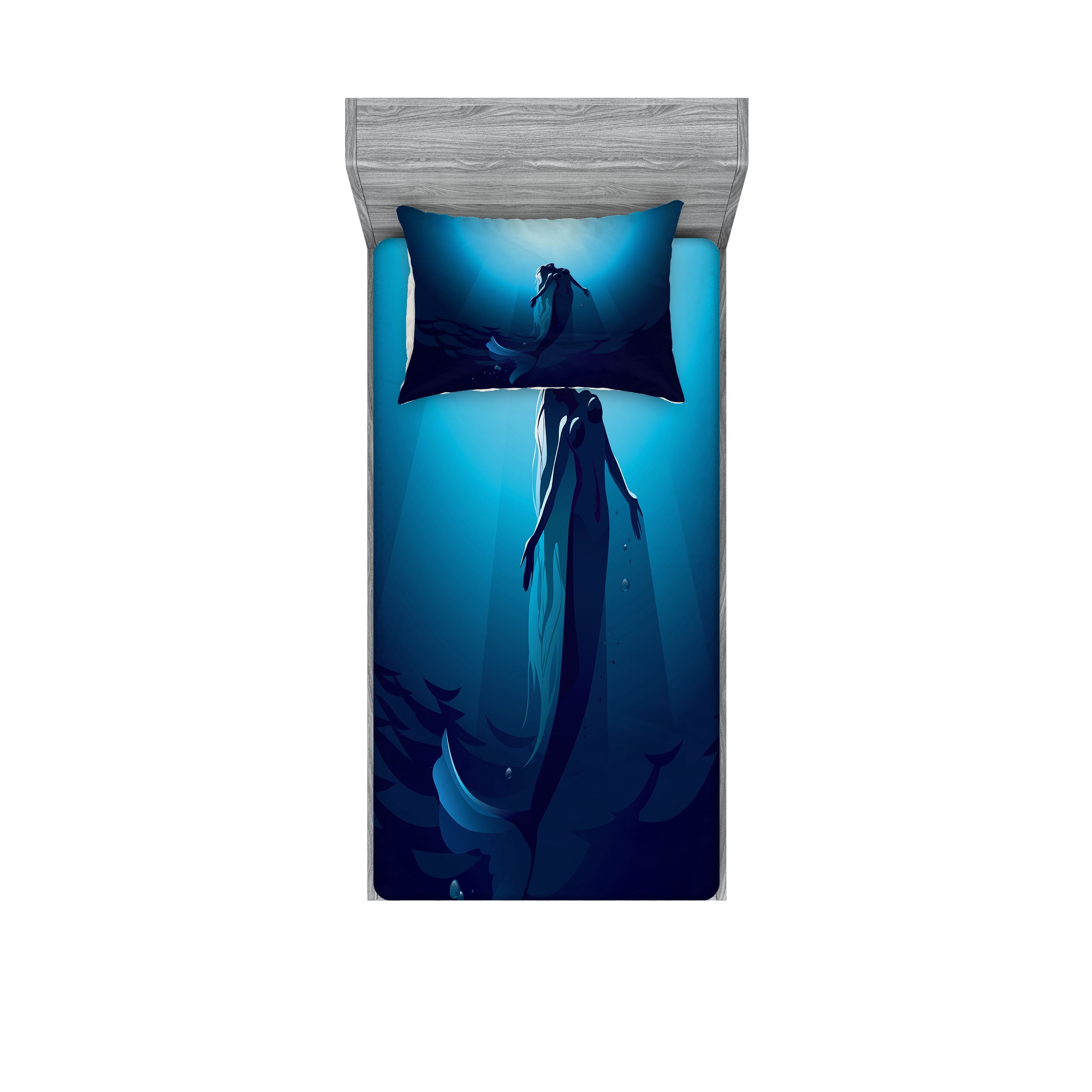 Underwater Fitted Sheet & Pillow Sham Set, Fantasy Mermaid in the Deep ...