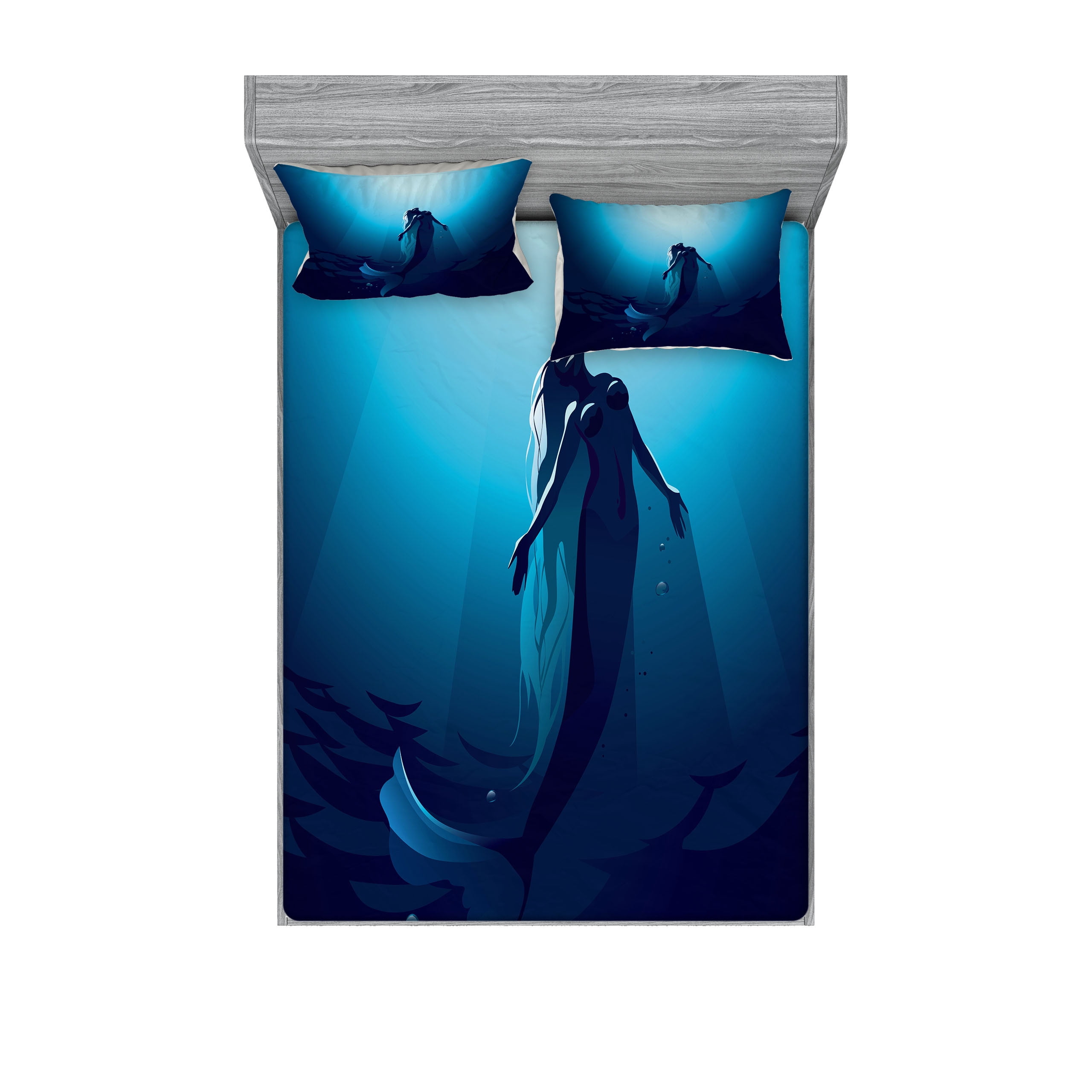 Underwater Fitted Sheet & Pillow Sham Set, Fantasy Mermaid in the Deep ...