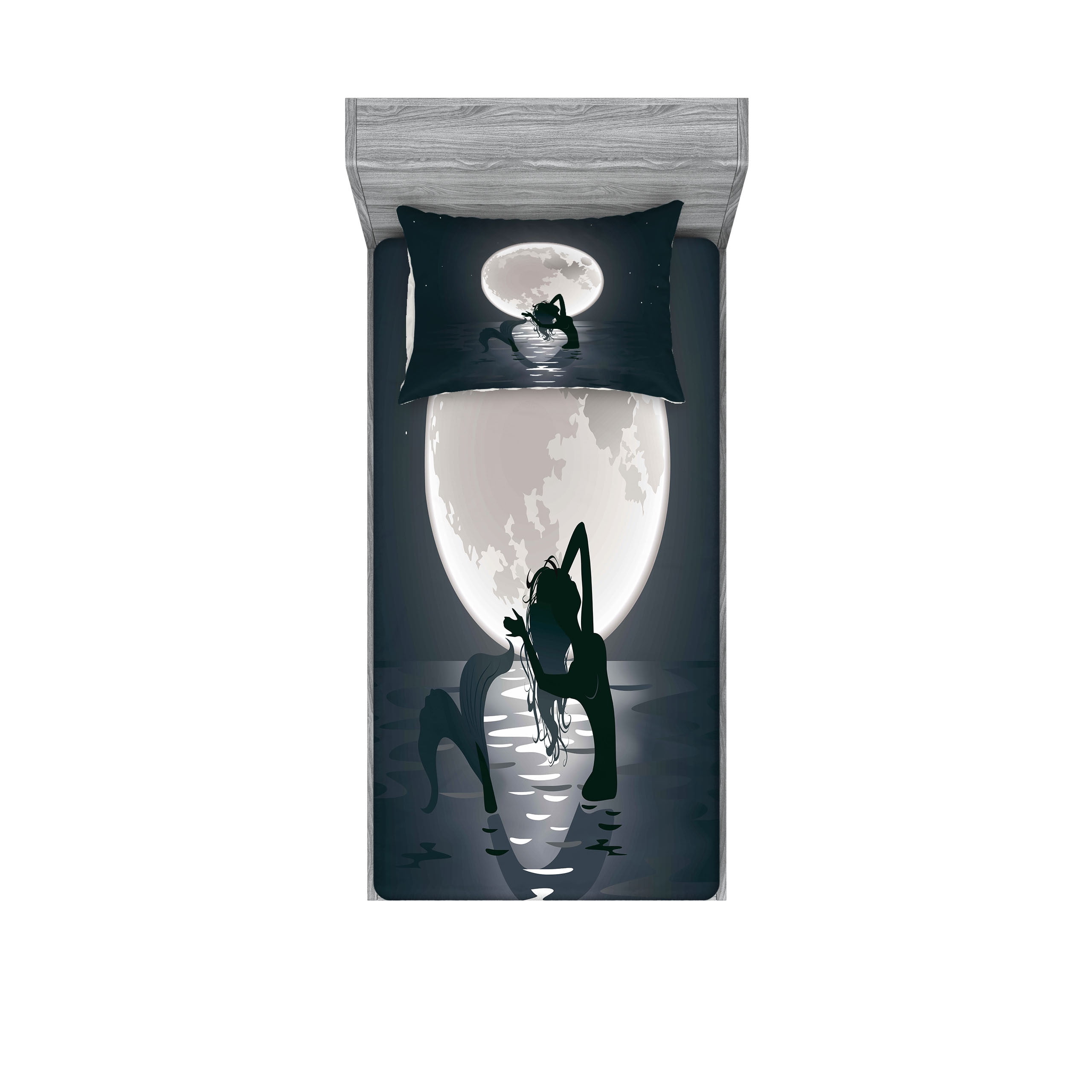 Underwater Fitted Sheet & Pillow Sham Set, Mermaid Singing at Night ...