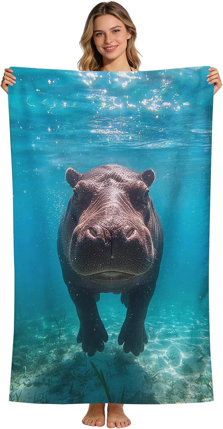Underwater Hippo Beach Towel, Realistic Wildlife Photography Print ...