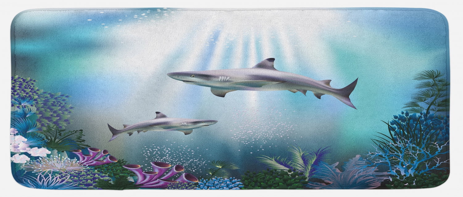 Underwater Kitchen Mat, Realistic Illustration Wild Sharks and Plants ...