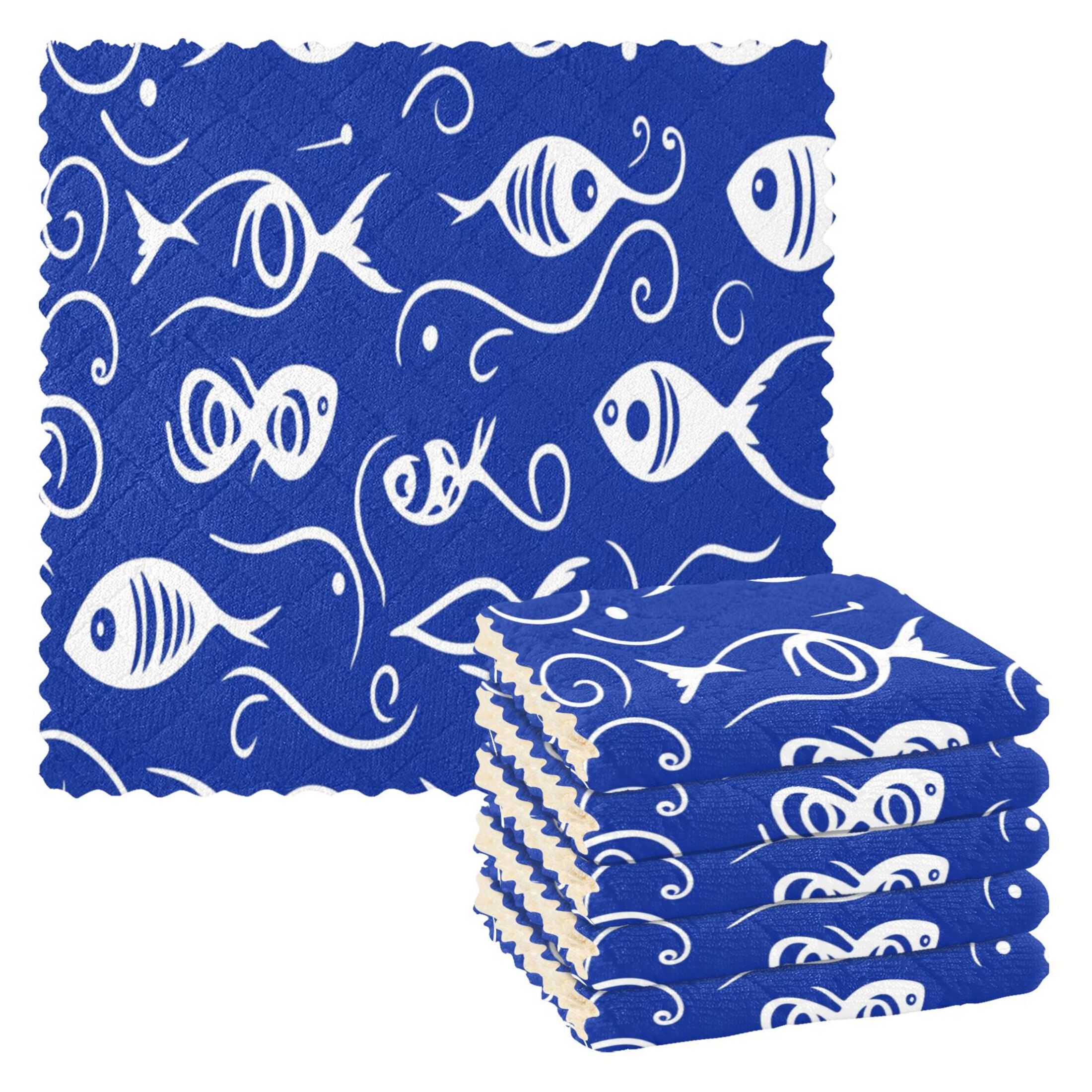 Underwater Life Sketch Fish 6 Pack Kitchen Cleaning Cloths 11'' x 11 ...