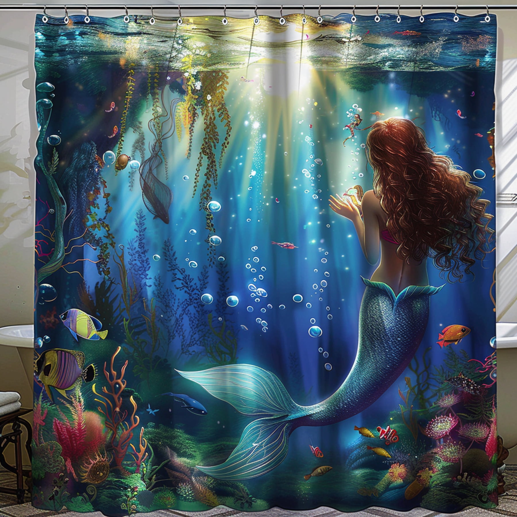Underwater Mermaid Paradise Shower Curtain Colorful Fish Glowing Plants ...