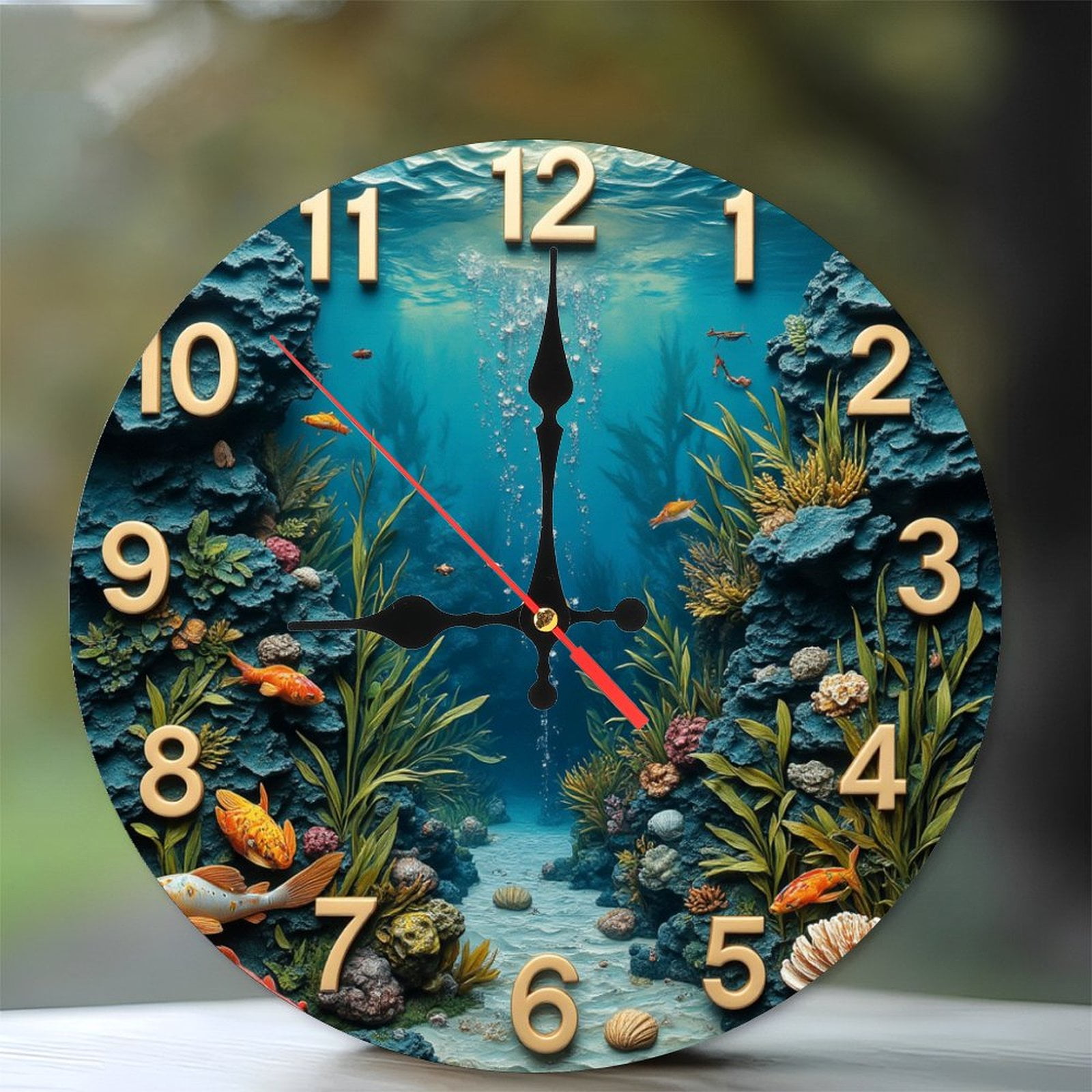 Underwater Ocean Sea Life Wall Clock Decor 10-Inch Silent Wooden Wall ...