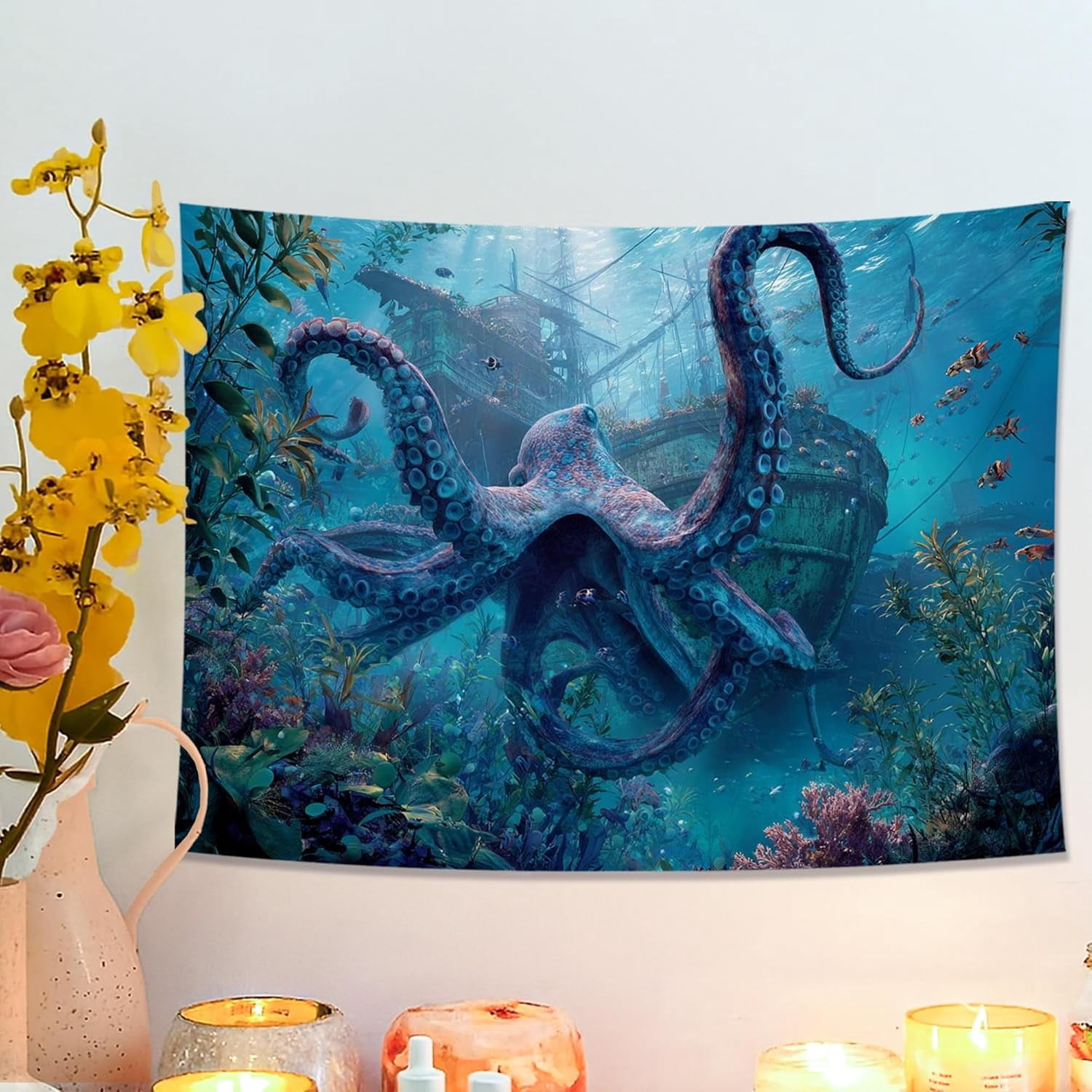 Underwater Octopus Blue Tapestry, Ocean Life Decorative Wall Hanging ...