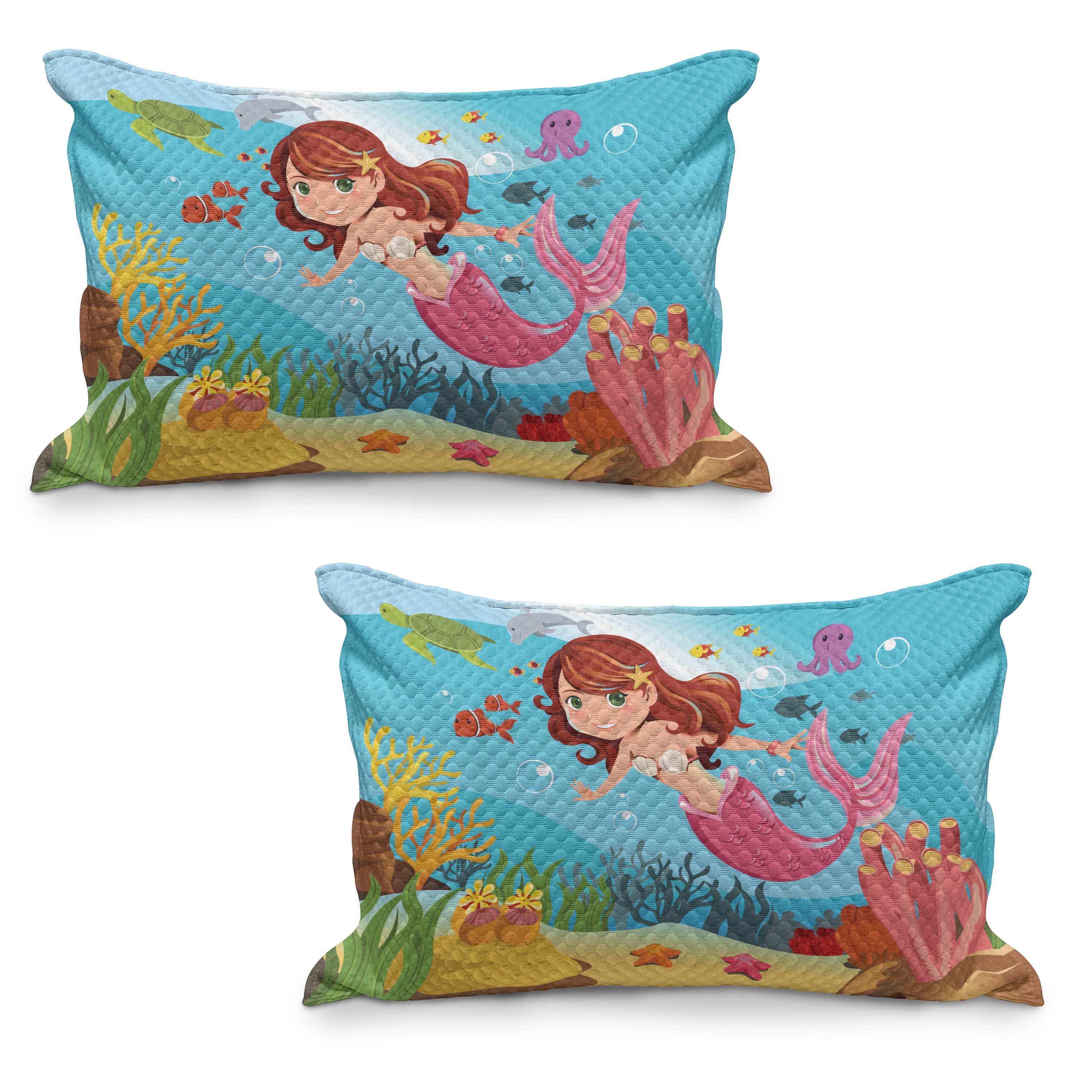 Underwater Quilted Pillowcover Set of 2, Mermaid Swimming Underwater in ...
