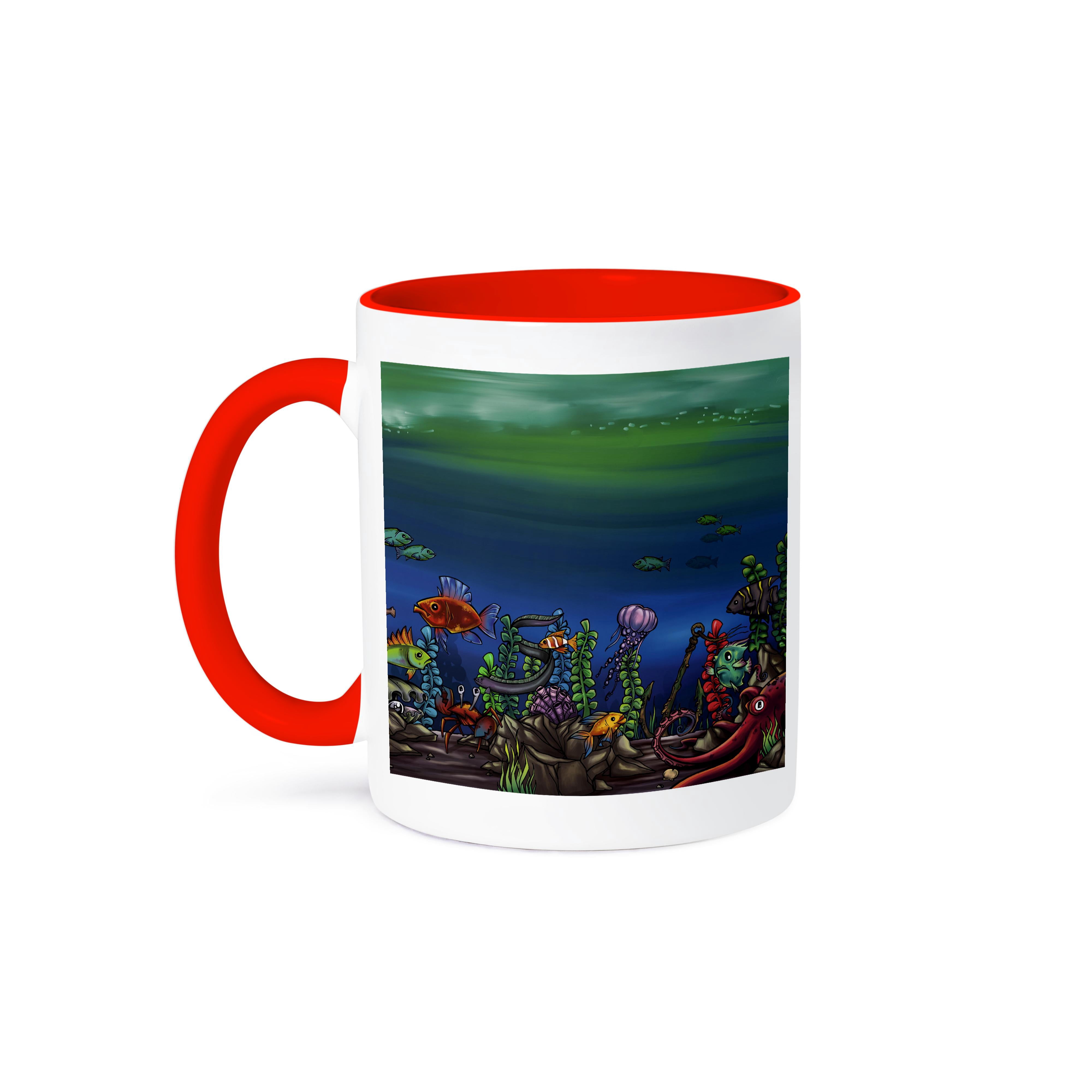 Underwater Scene Of Colorful Cartoon Fish, 15oz Two-Tone Red Mug ...