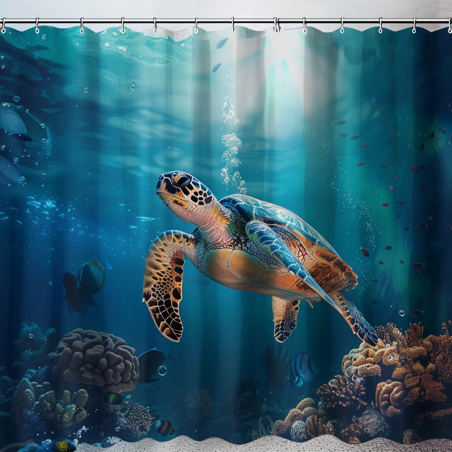 Underwater Sea Turtle Shower Curtain Dark Blue and Brown Bathroom Decor ...