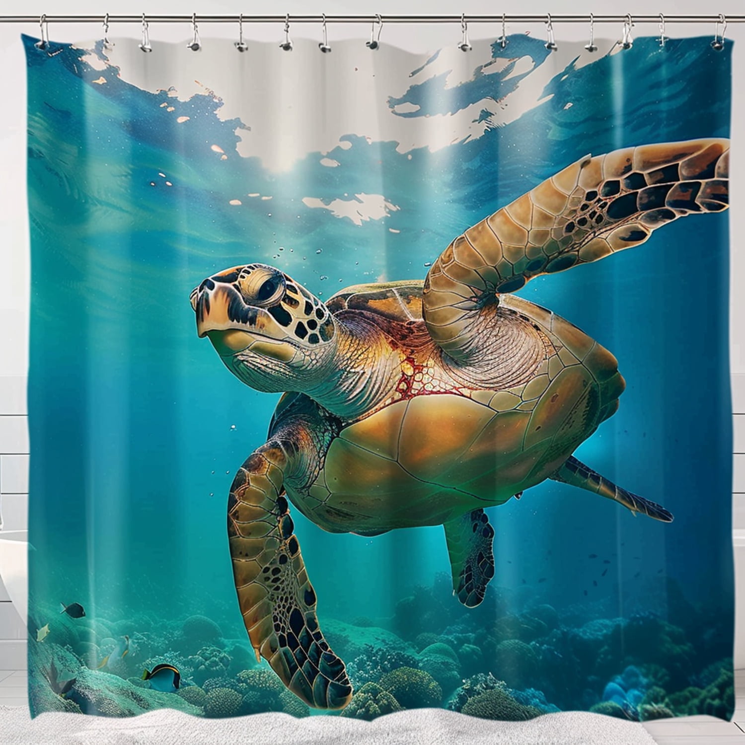 Underwater Sea Turtle Shower Curtain Set Ocean Theme Bathroom Decor In