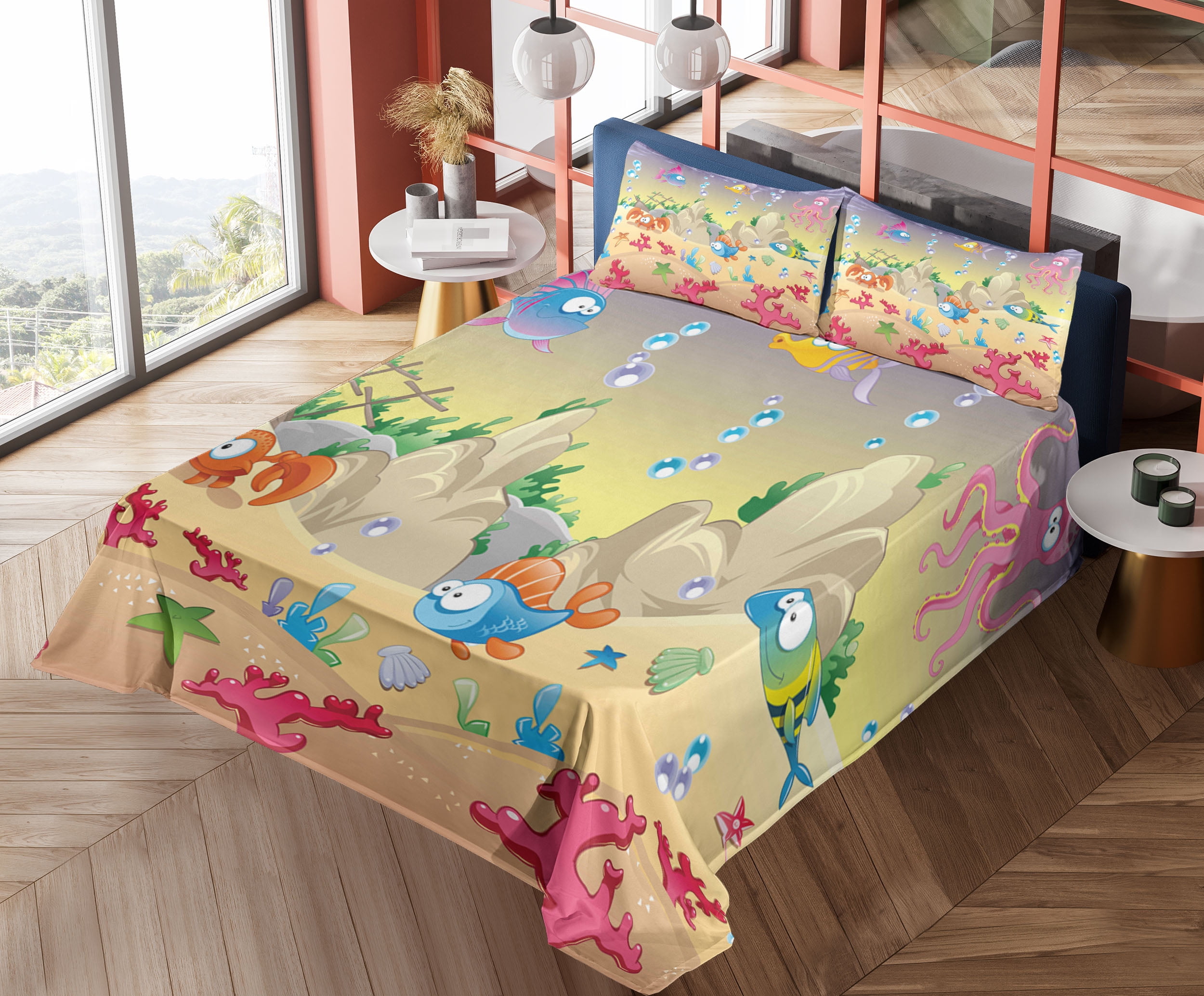 Underwater Sheet Set, Cartoon Design Funny Sea Animals Fishes Sunken ...