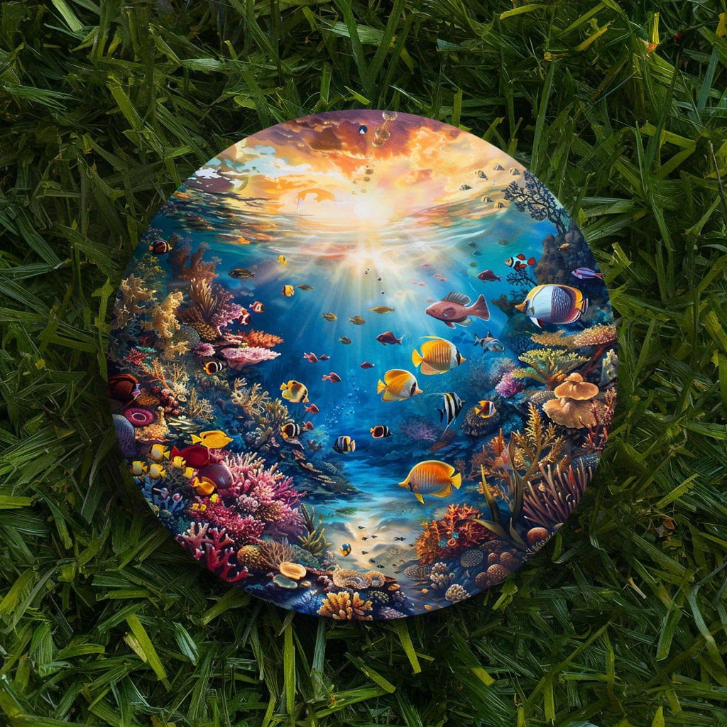 Underwater Sunset Round Metal Wall Art, Oceanic Odyssey Aluminum Decorative Painting for ...