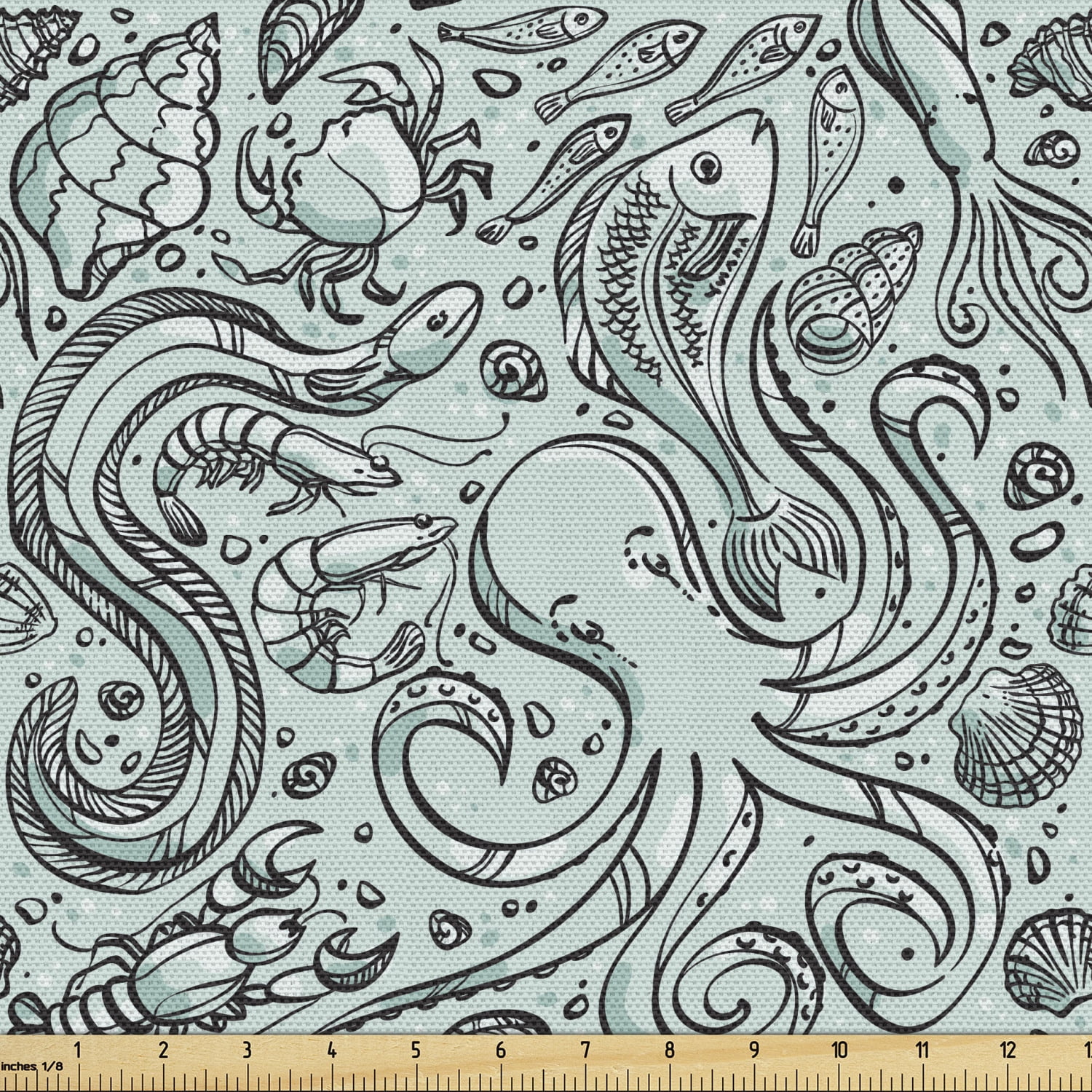 Underwater Upholstery Fabric by the Yard, Doodle of Exotic Deep Sea ...