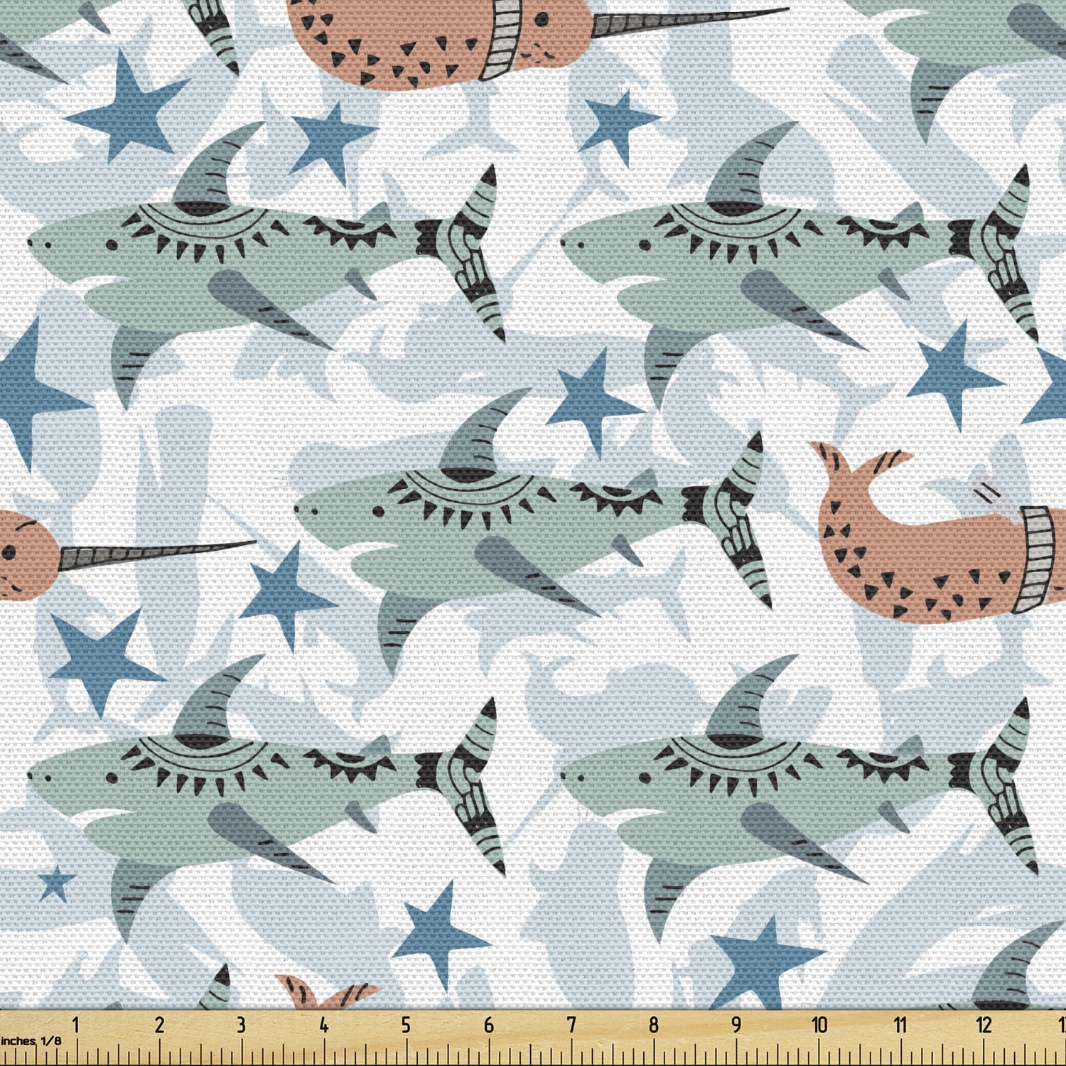 Ambesonne Underwater Fabric by the Yard Upholstery, Sea Sharks and ...