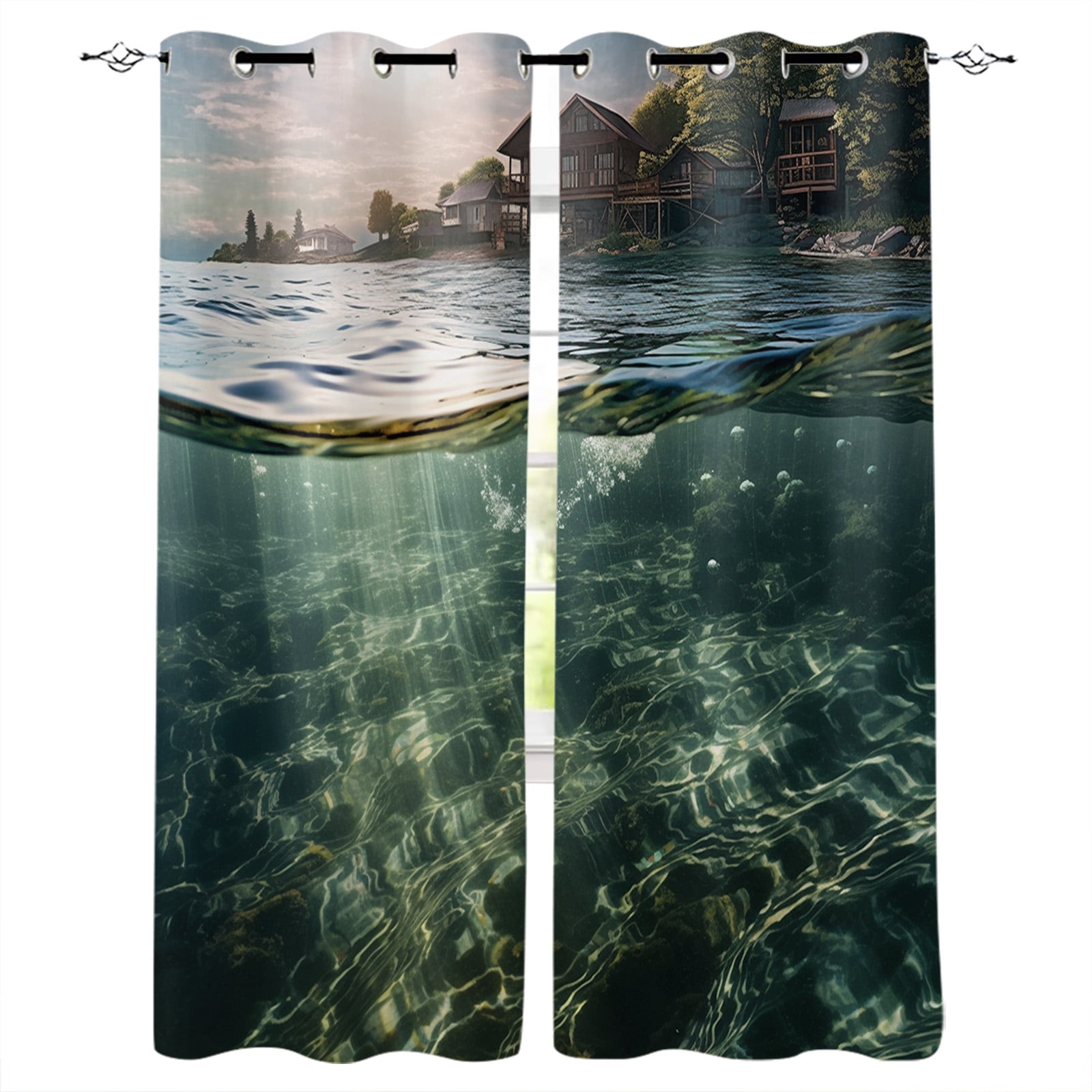 Underwater Waves Water Surfaces Houses Sky Curtains Living Room Window ...
