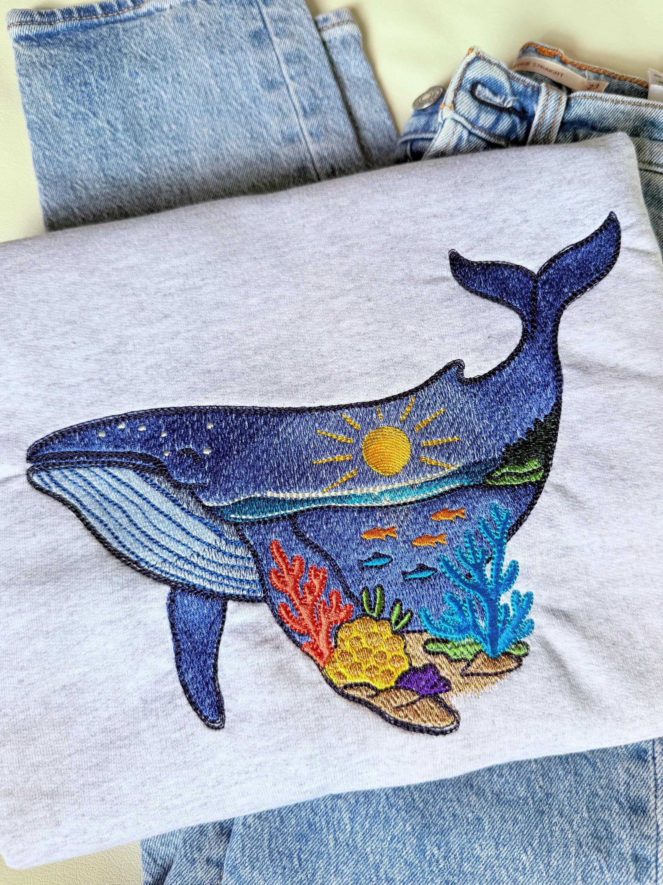 Underwater Whale Ocean Scene Embroidered Crewneck: Beach Sweatshirt ...