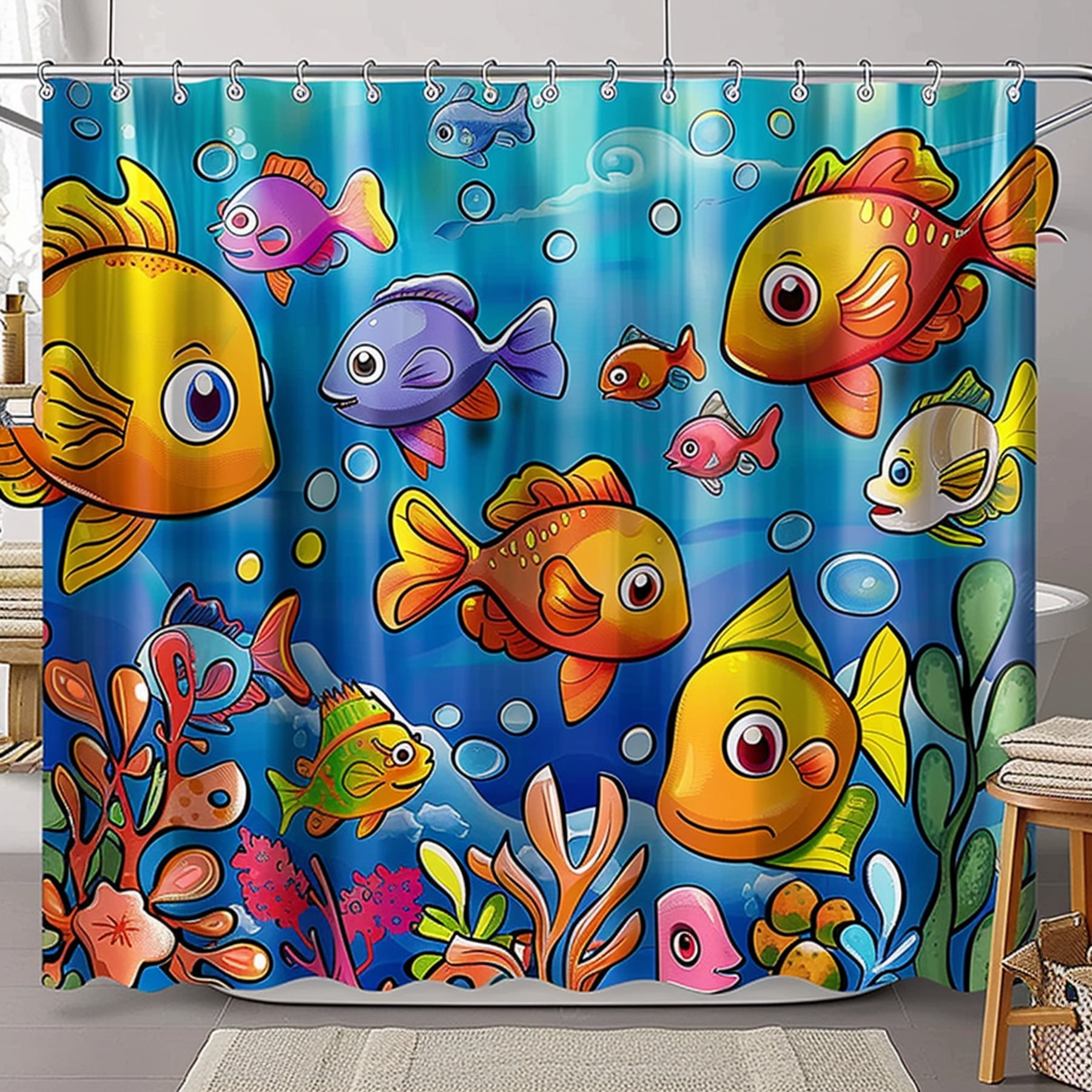 Underwater Wonderland: Colorful Fish Cartoon Shower Curtain Transform ...