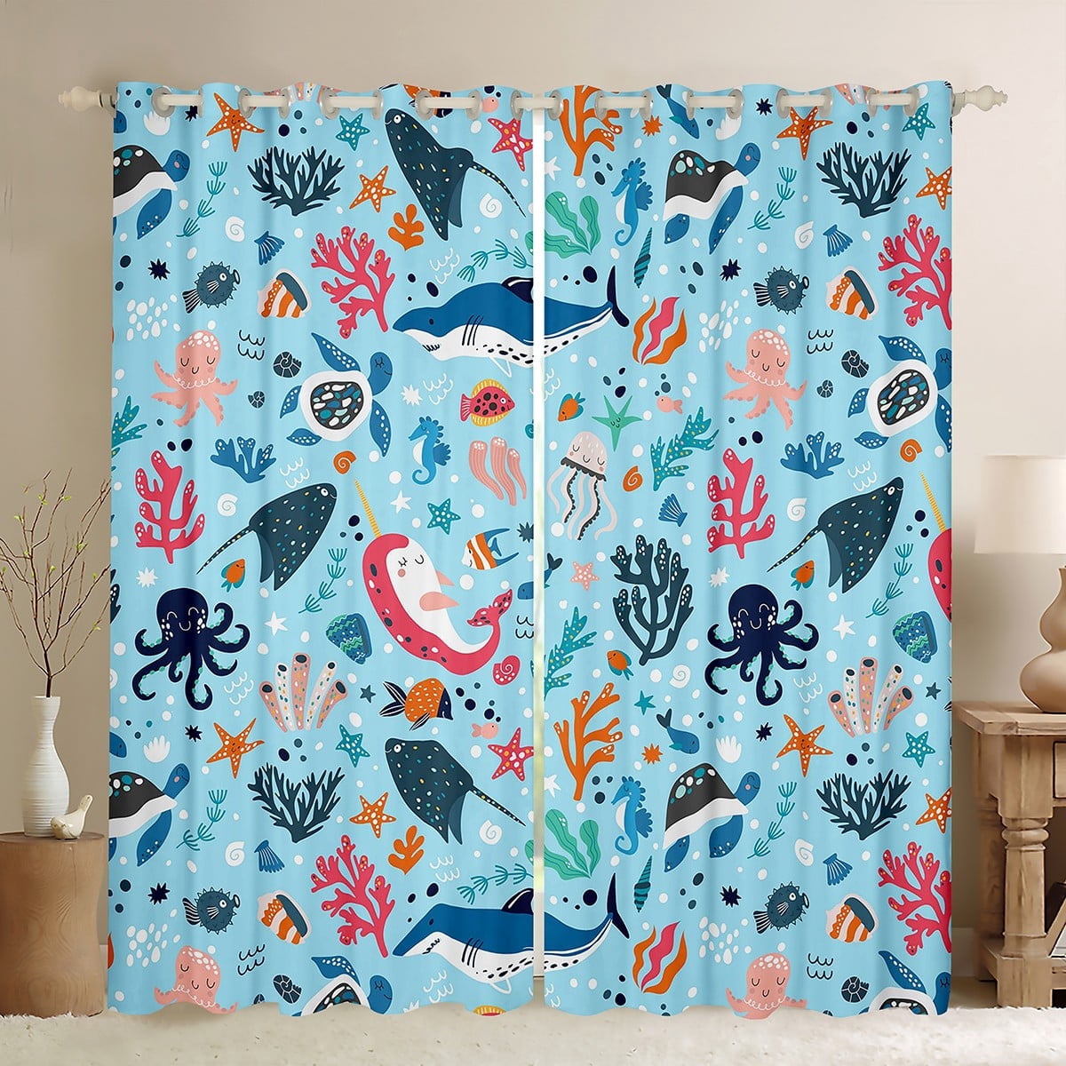Underwater World Blackout Curtains, Cute Dolphin Shark Curtains for ...